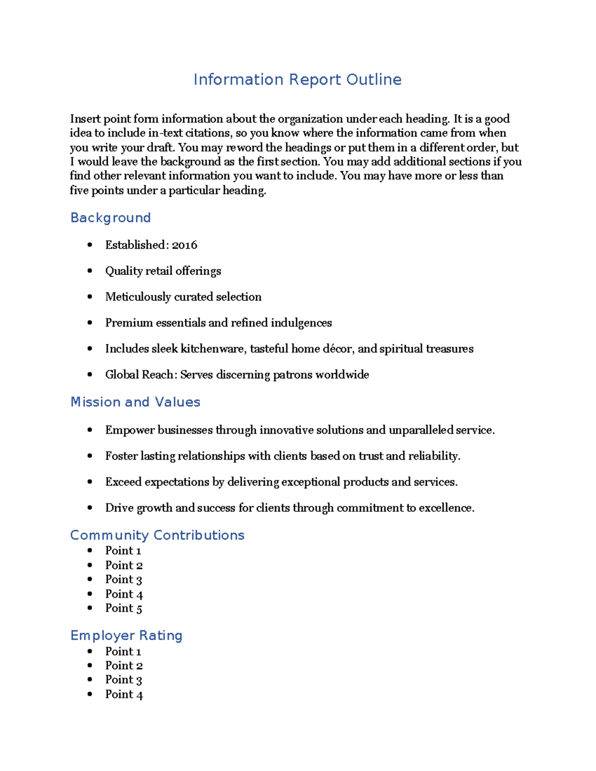 Information Report Outline Template - Information Report Outline Insert point form information ...