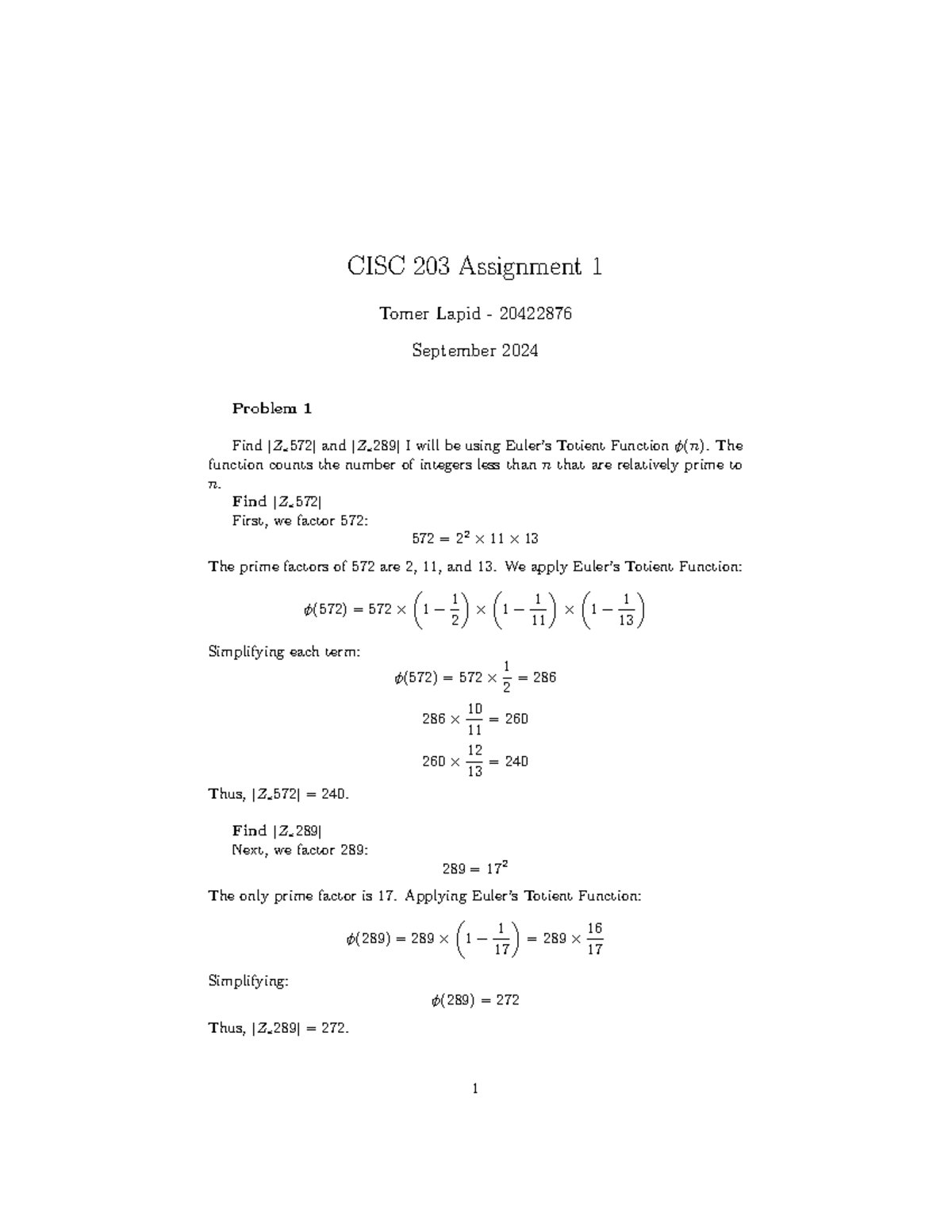 Cisc 203 Assignment 1 Cisc 203 Assignment 1 Tomer Lapid 20422876 September 2024 Problem 1 