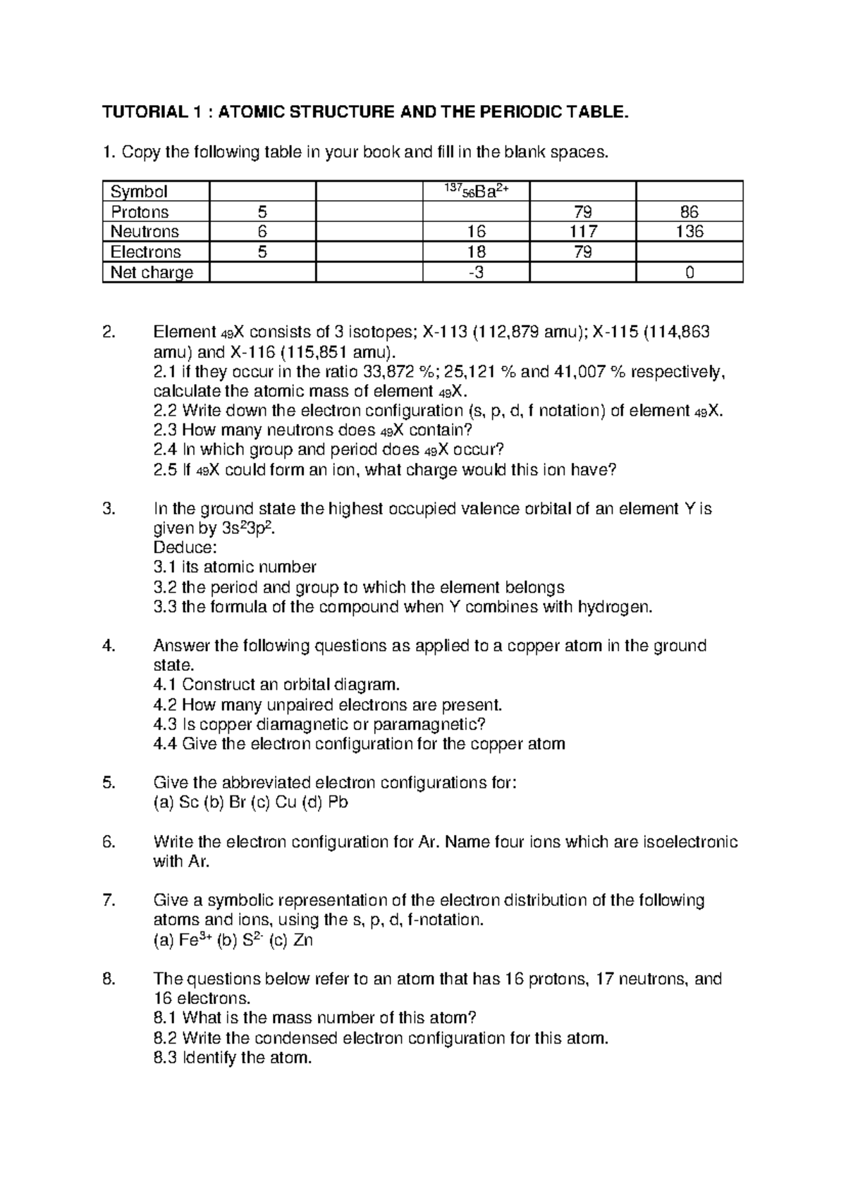 Tutorial 1 Atomic structure and periodic table 28February 2024 ...