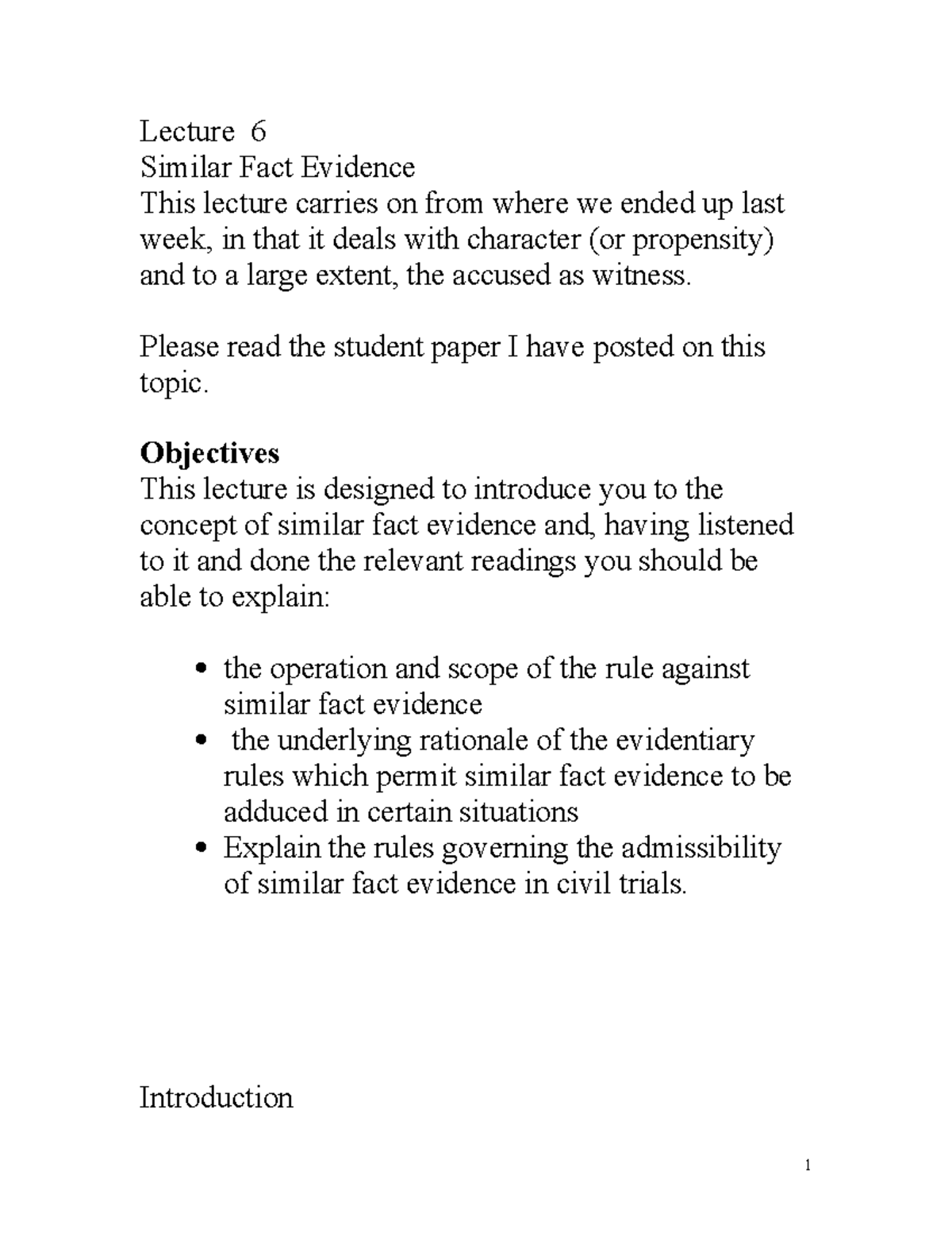 Evidence Lecture 6 - Lecture 6 Similar Fact Evidence This lecture ...