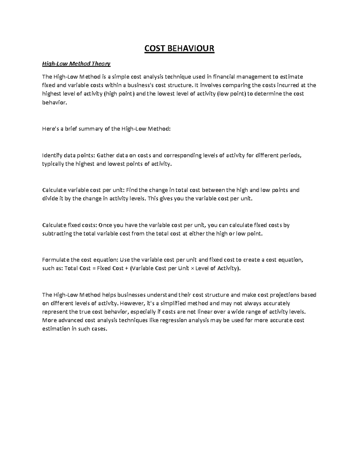 Chp 3 Cost Behaviour High Low Method - COST BEHAVIOUR High-Low Method Theory The High-Low Method ...