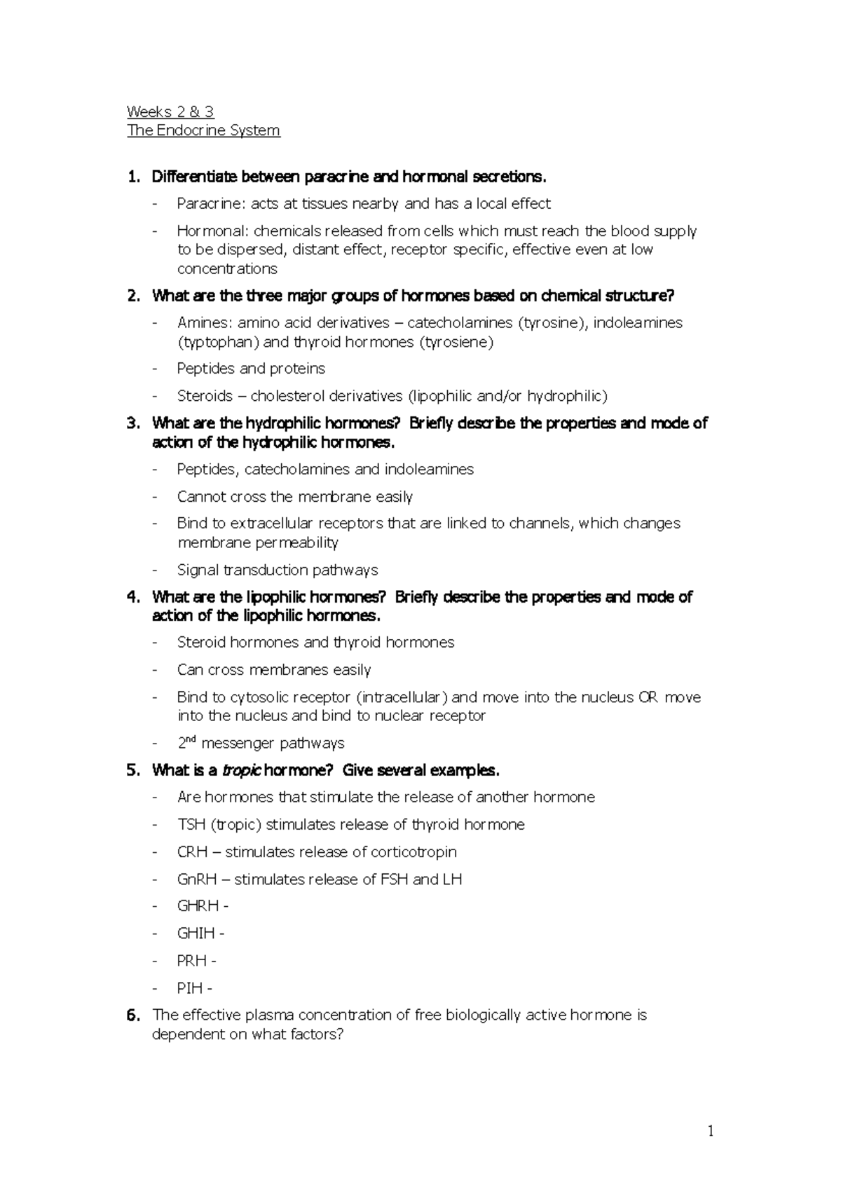 Weeks 2 & 3 Endocrine System Revision Questions - Weeks 2 & 3 The ...