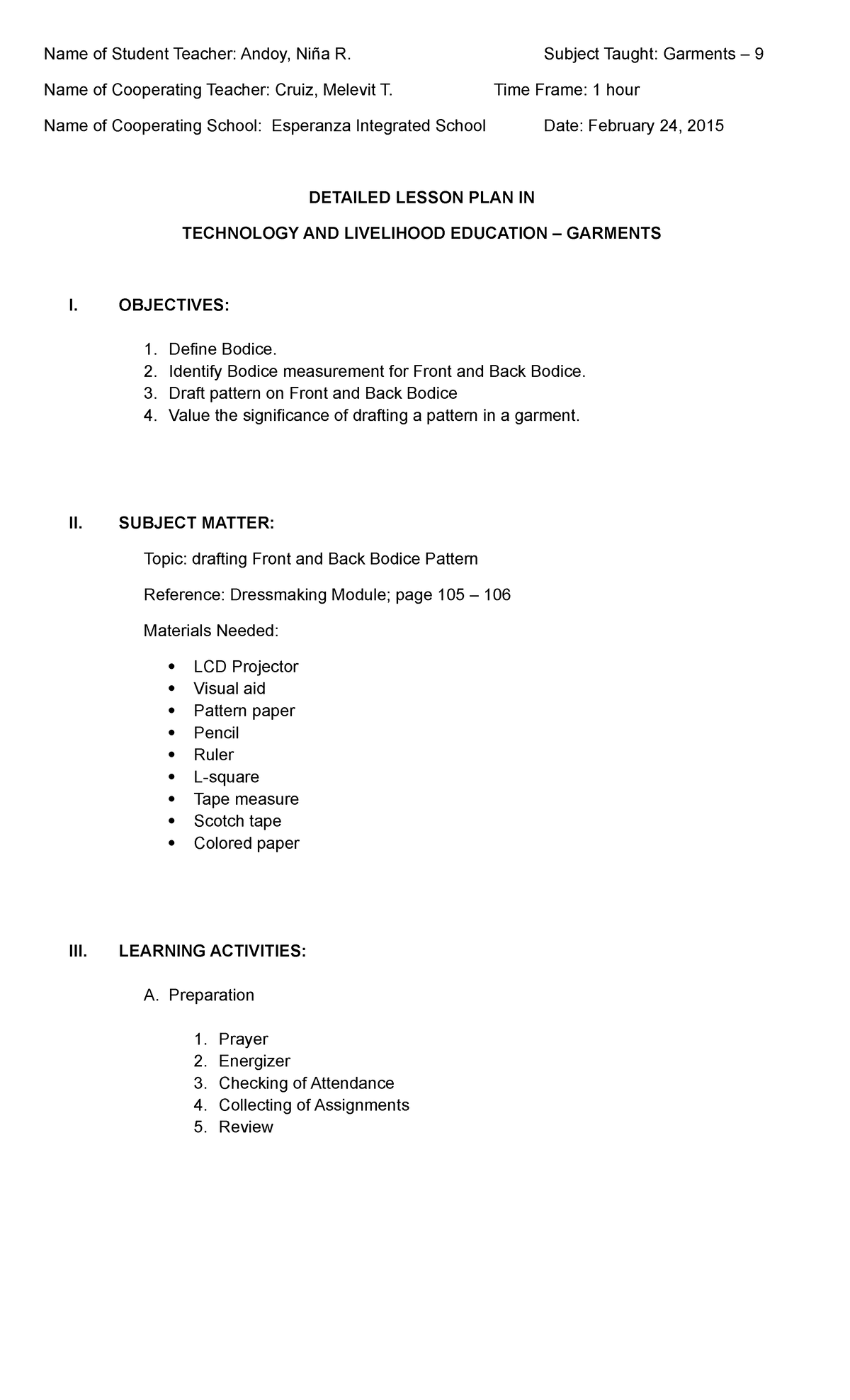 G. lp nina - Drafting Pattern - Name of Student Teacher: Andoy, Niña R ...