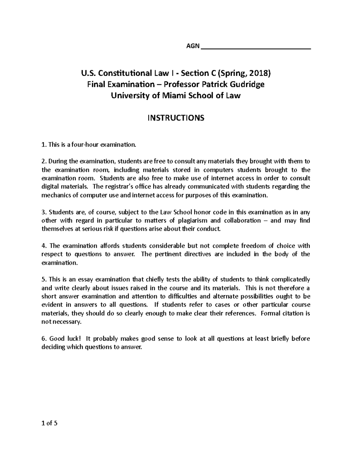 CON LAW Sample EXAM - AGN U. Constitutional Law I - Section C (Spring ...