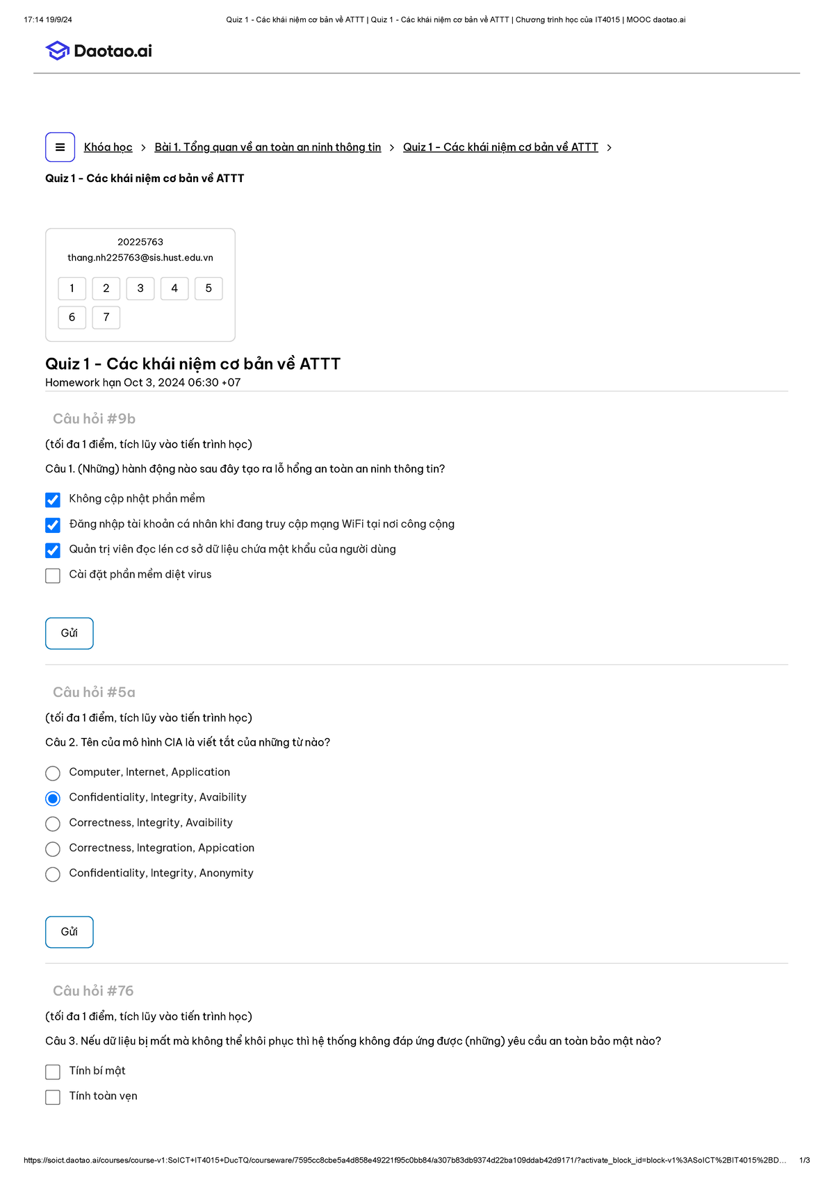 Quiz 1 - Các khái niệm cơ bản về ATTT Quiz 1 - Các khái niệm cơ bản về ATTT Chương trình học của ...