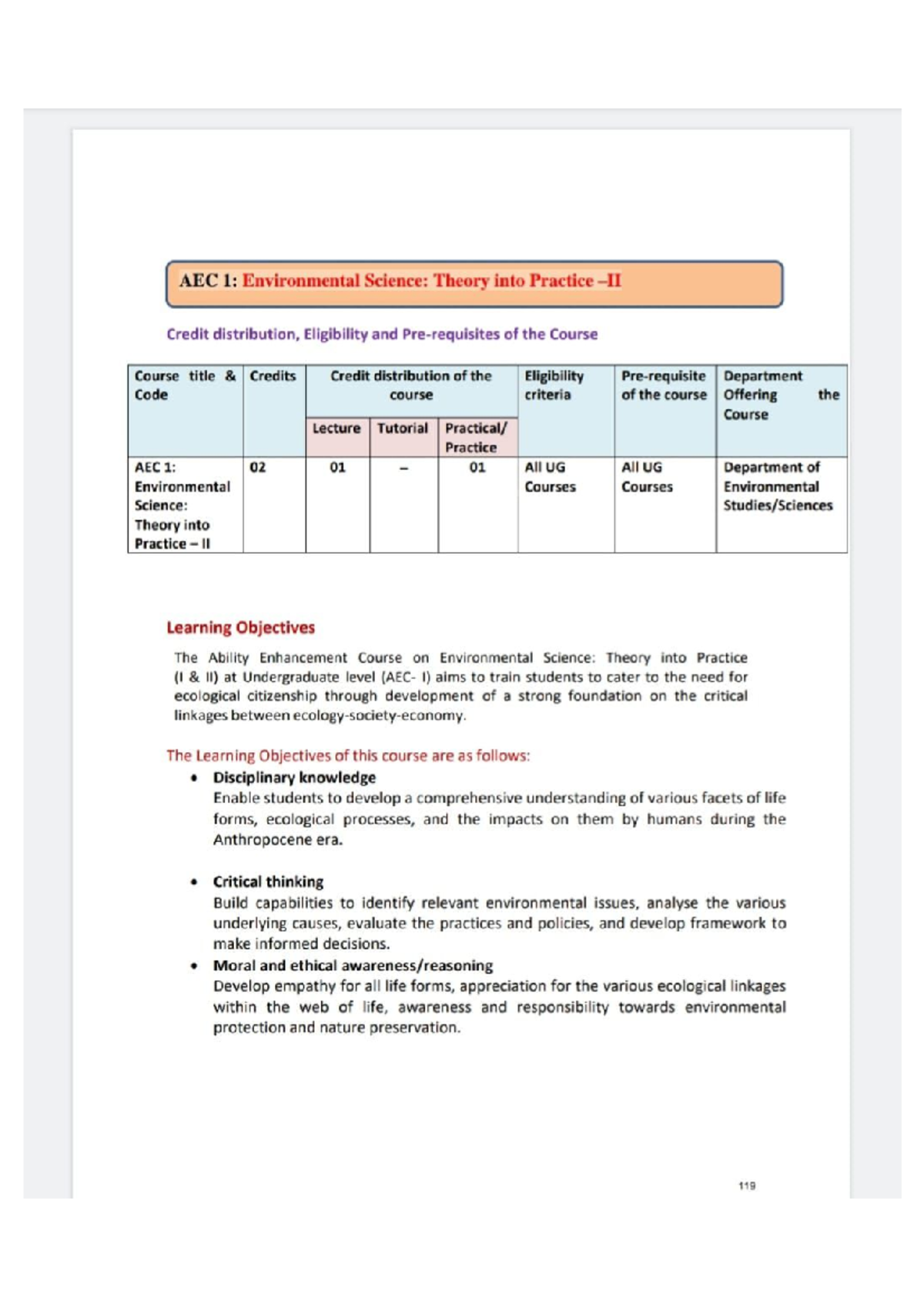 Syllabus EVS Sem 3 - AEC 1: Environmental Science: Theory into Practice ...