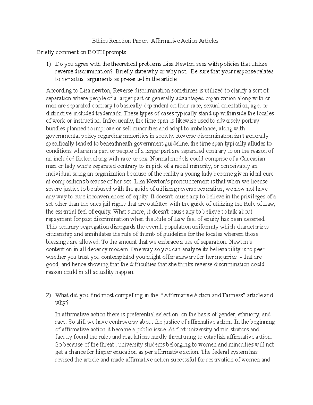 Ethics reaction paper #4 - Ethics Reaction Paper: Affirmative Action ...