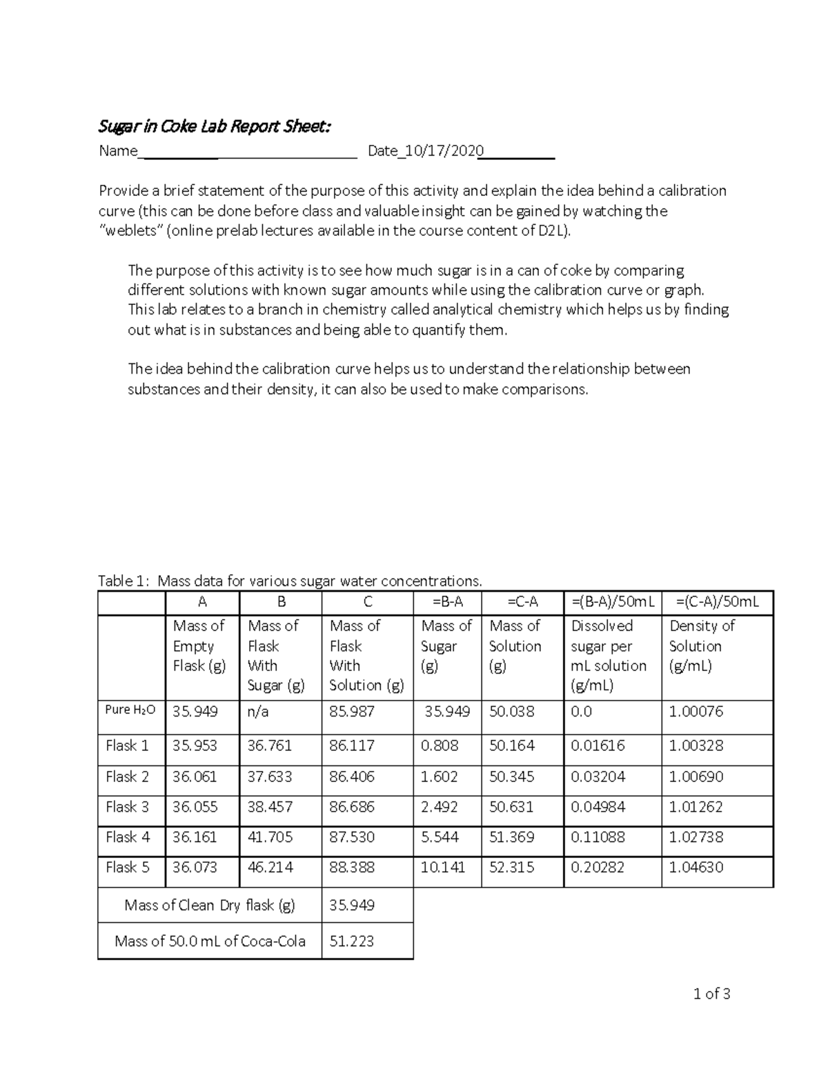 Sugar in Coke - 1 of 3 Sugar i n C oke Lab R eport S heet: Name