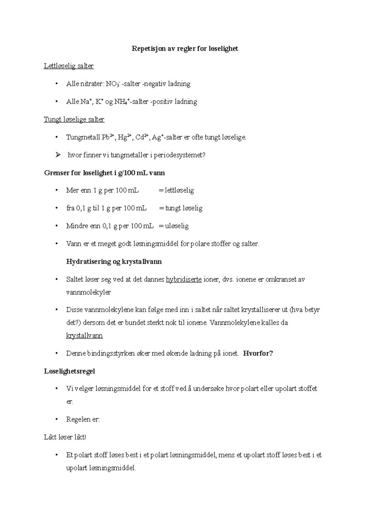 Kjemi kap 9 notater 11 - regler for løselighet - Repetisjon av regler ...