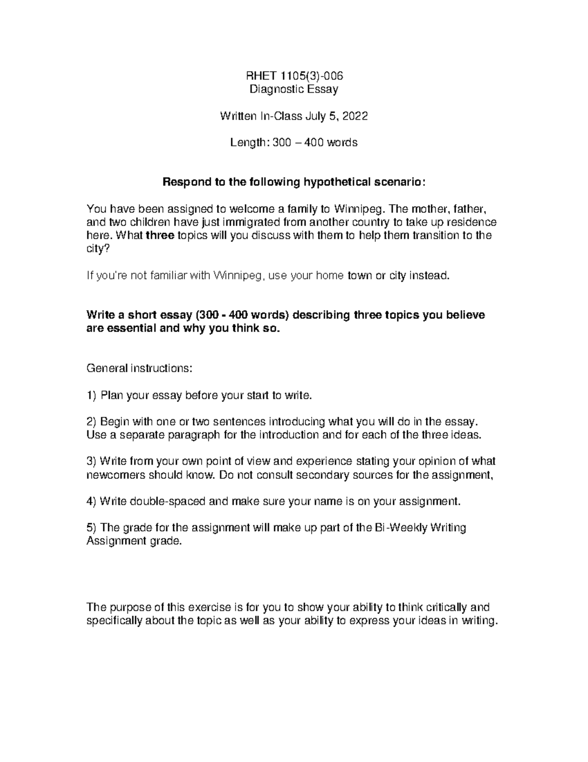 Diagnostic Essay - RHET 1105(3)- Diagnostic Essay Written In-Class July ...