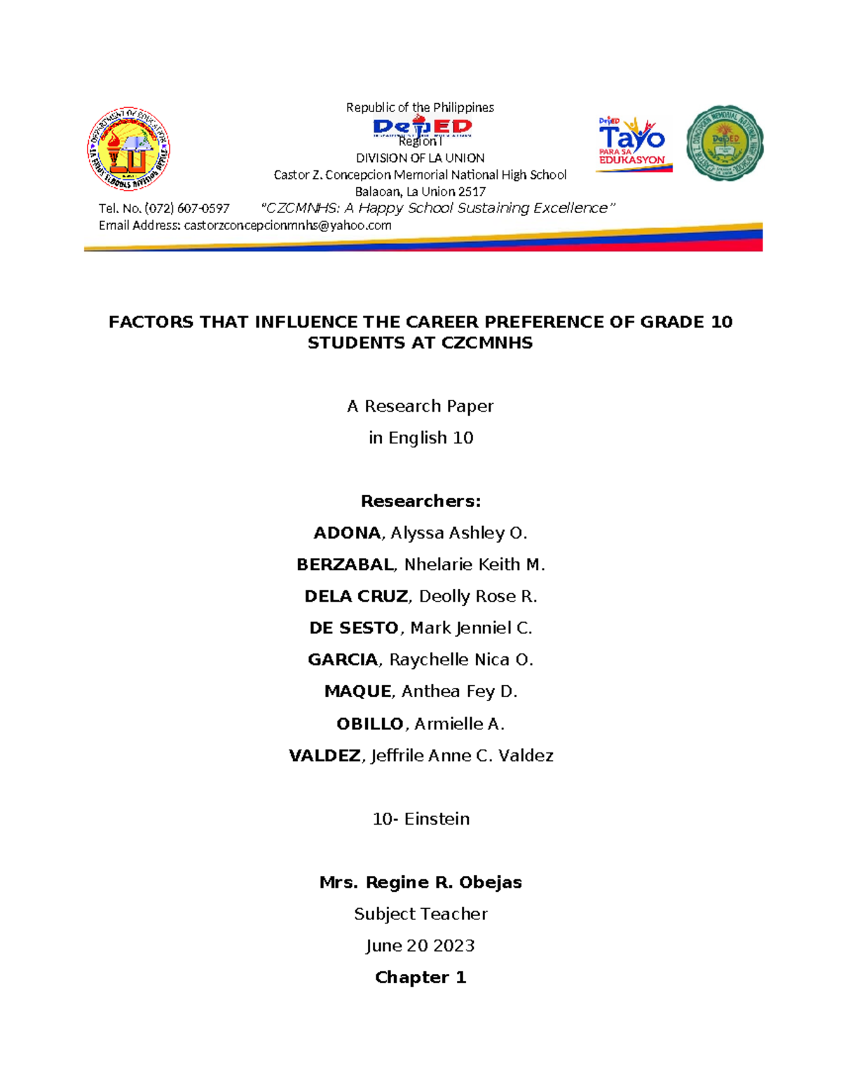 Actors that influence the career preference of grade 10 2 - Republic of ...