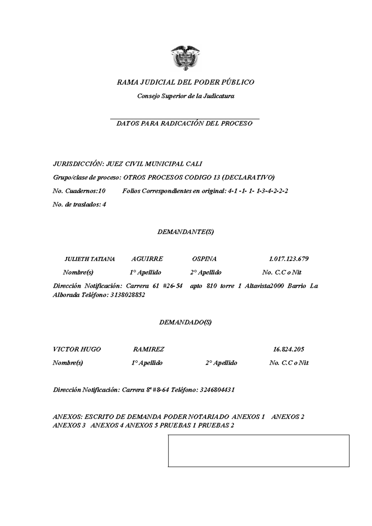 Caratula Presentacion Demanda B - RAMA JUDICIAL DEL PODER PÚBLICO Consejo Superior de la ...