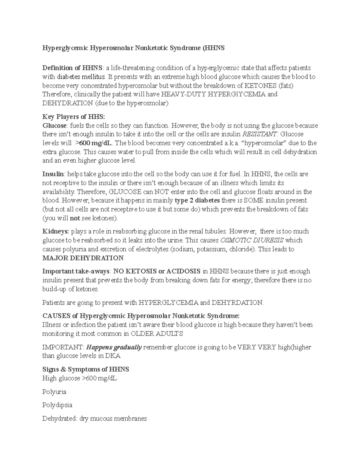 HHNS Outline - Lecture notes - Hyperglycemic Hyperosmolar Nonketotic ...