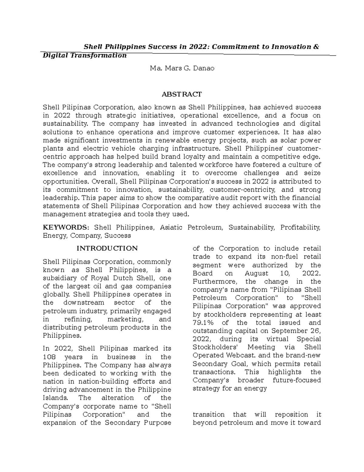 Danao 2C Midterm Strat Management - Shell Philippines Success in 2022 ...