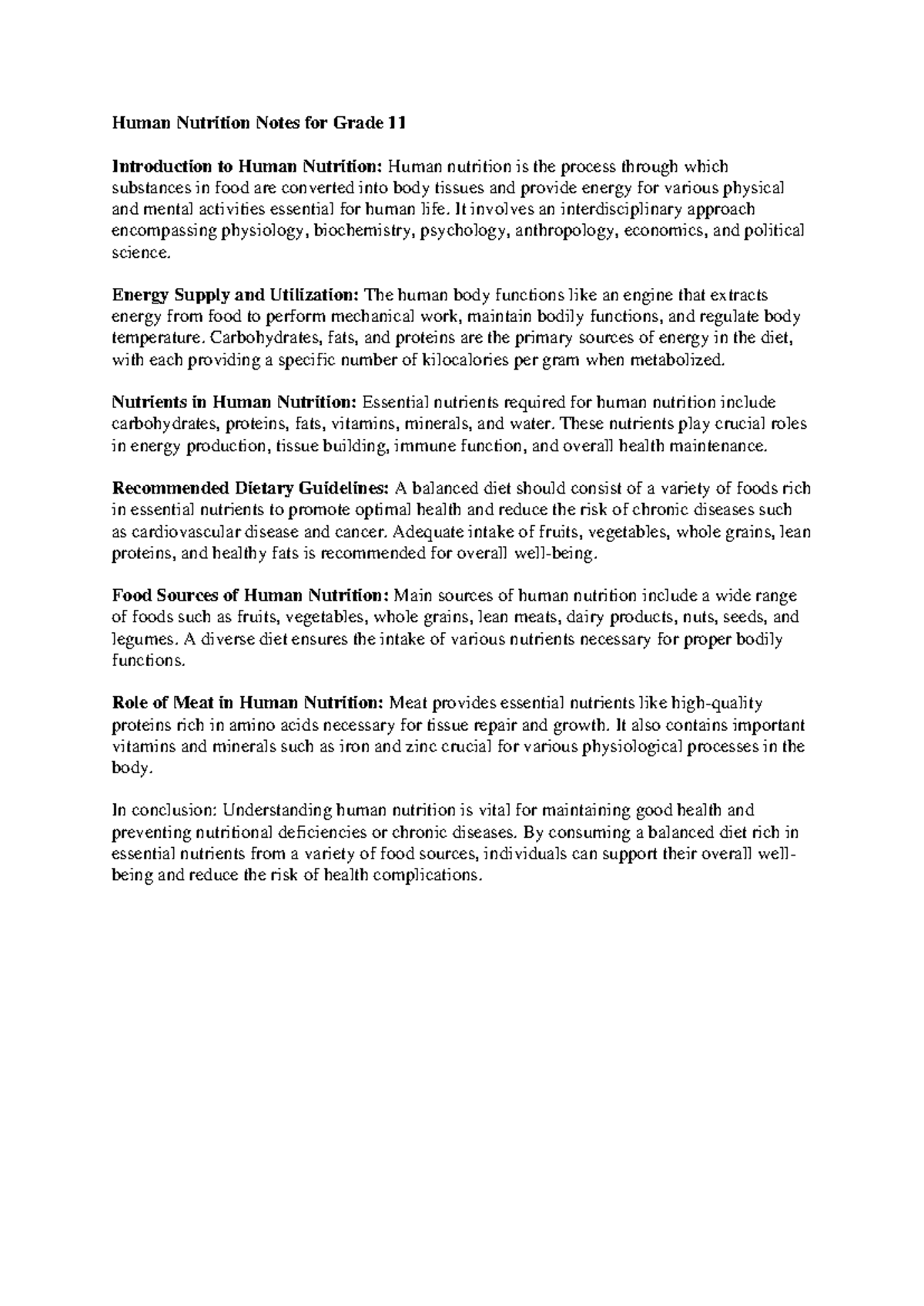 Human Nutrition Notes for Grade 11 - It involves an interdisciplinary ...