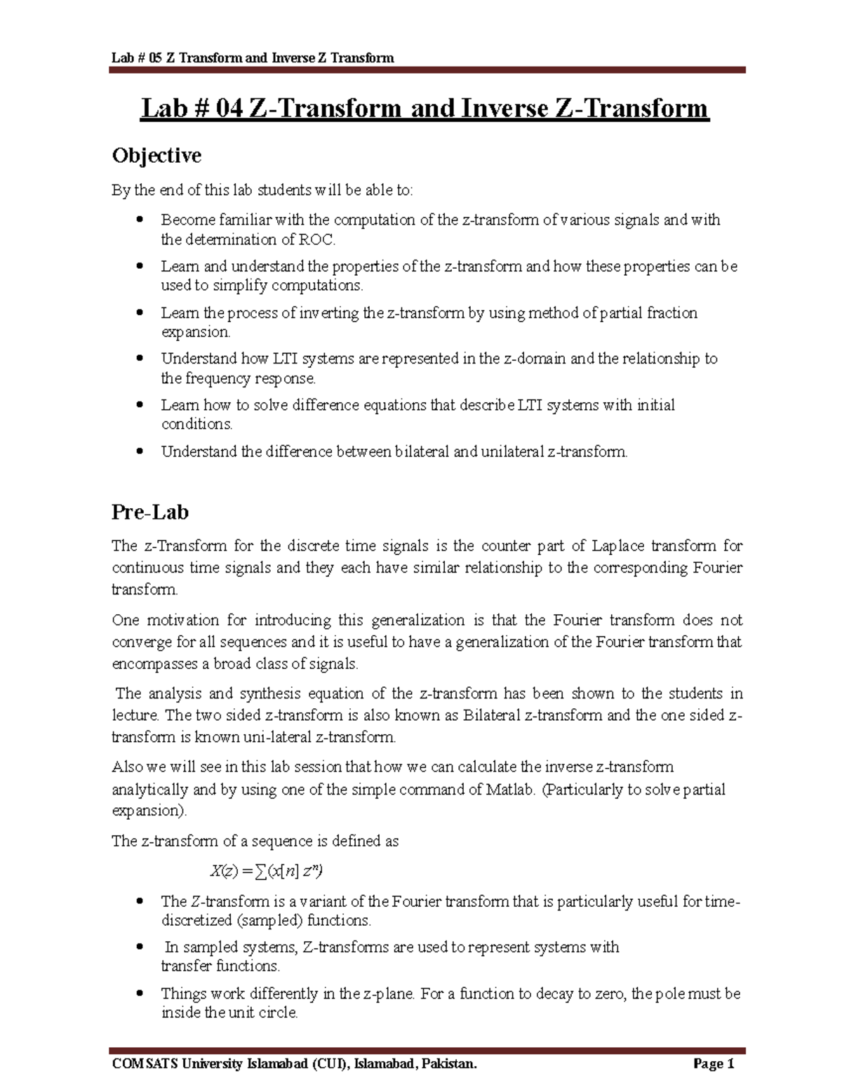 Lab 5 Handout - LAB - Lab # 05 Z Transform and Inverse Z Transform COMSATS University Islamabad ...