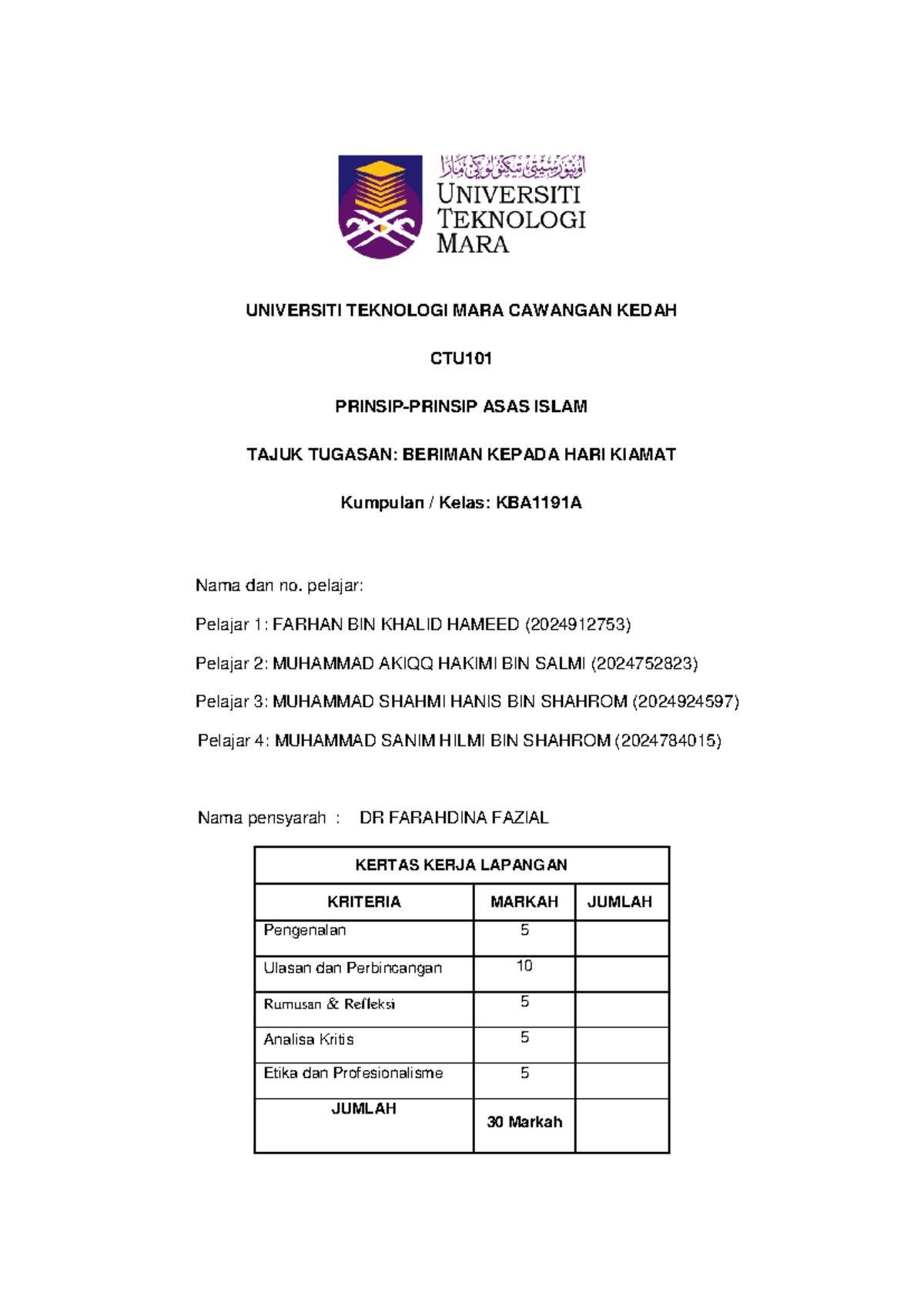 CTU101 Assignment - UNIVERSITI TEKNOLOGI MARA CAWANGAN KEDAH CTU ...