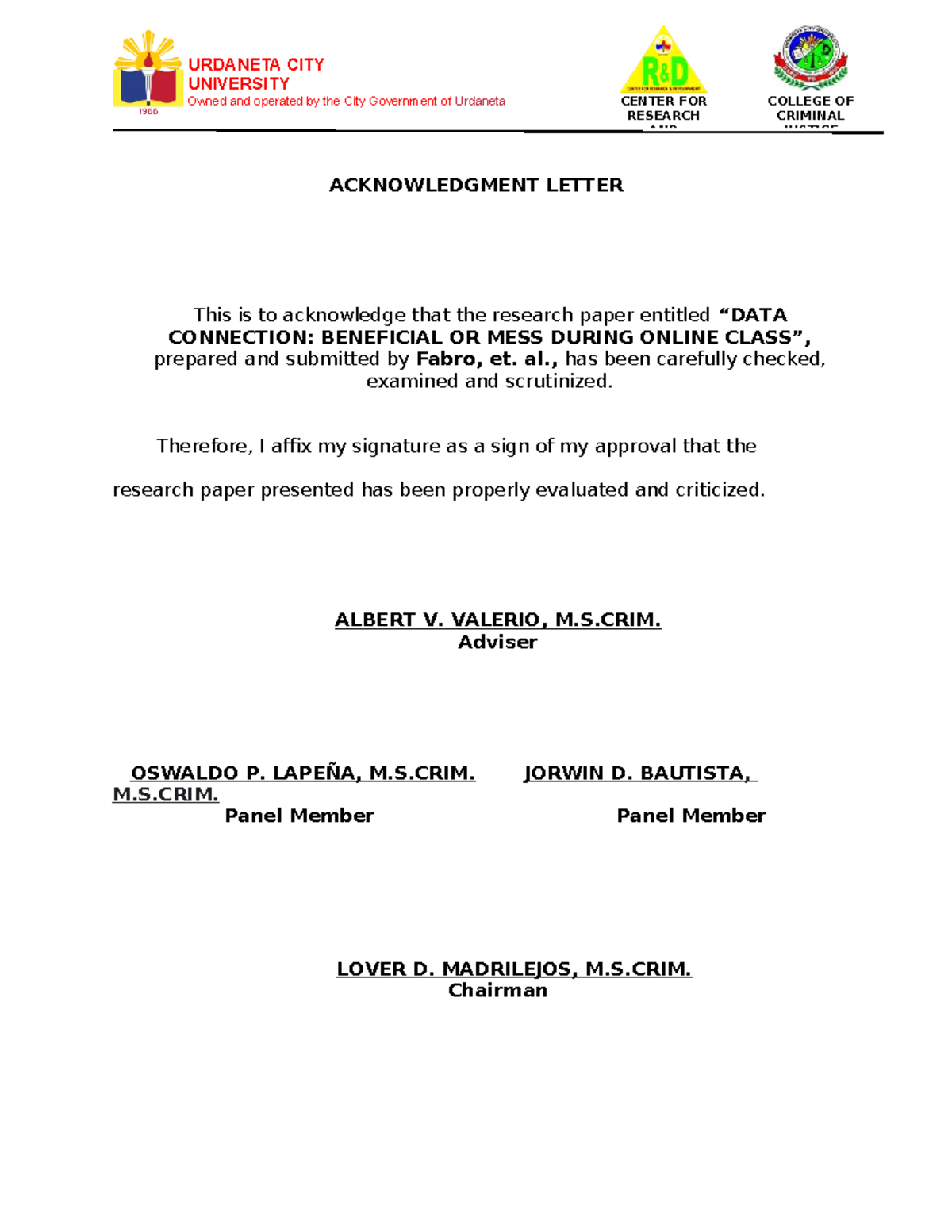 acknowledgement letter sample in research - URDANETA CITY UNIVERSITY ...