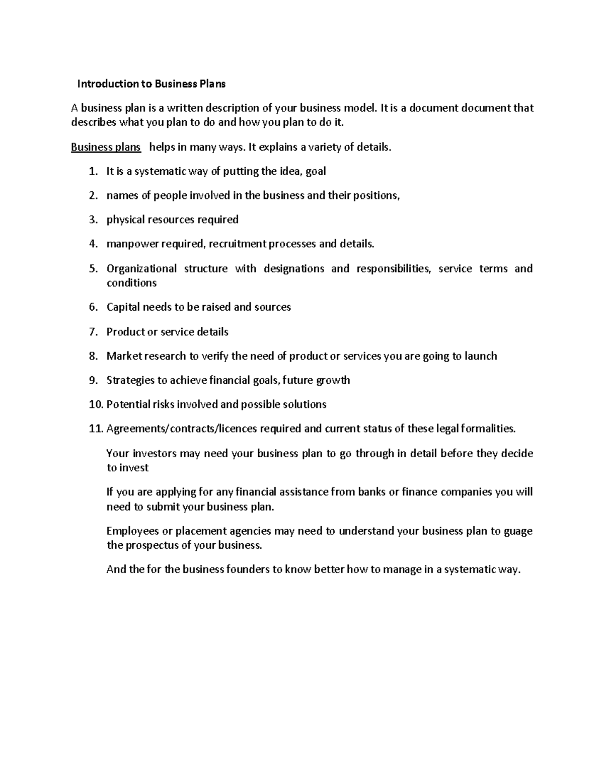Business Plan Notes Business Plan Introduction To Business Plans A