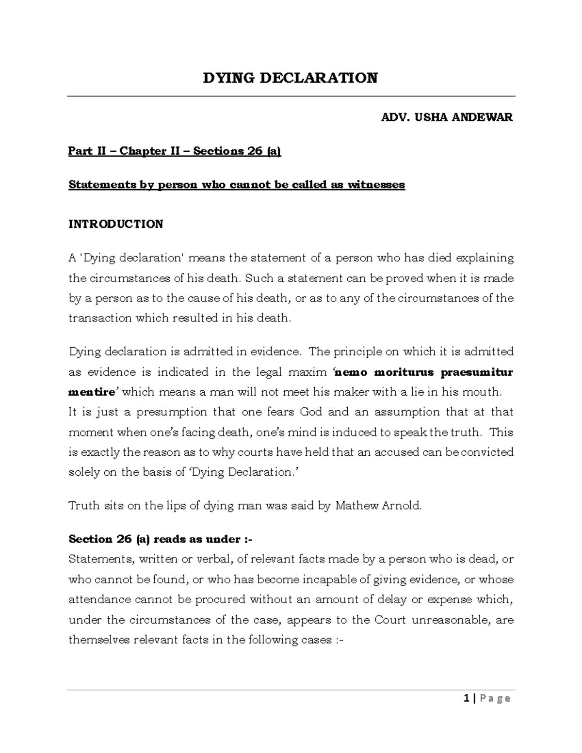 9- Dying Declaration - notes - DYING DECLARATION ADV. USHA ANDEWAR Part ...