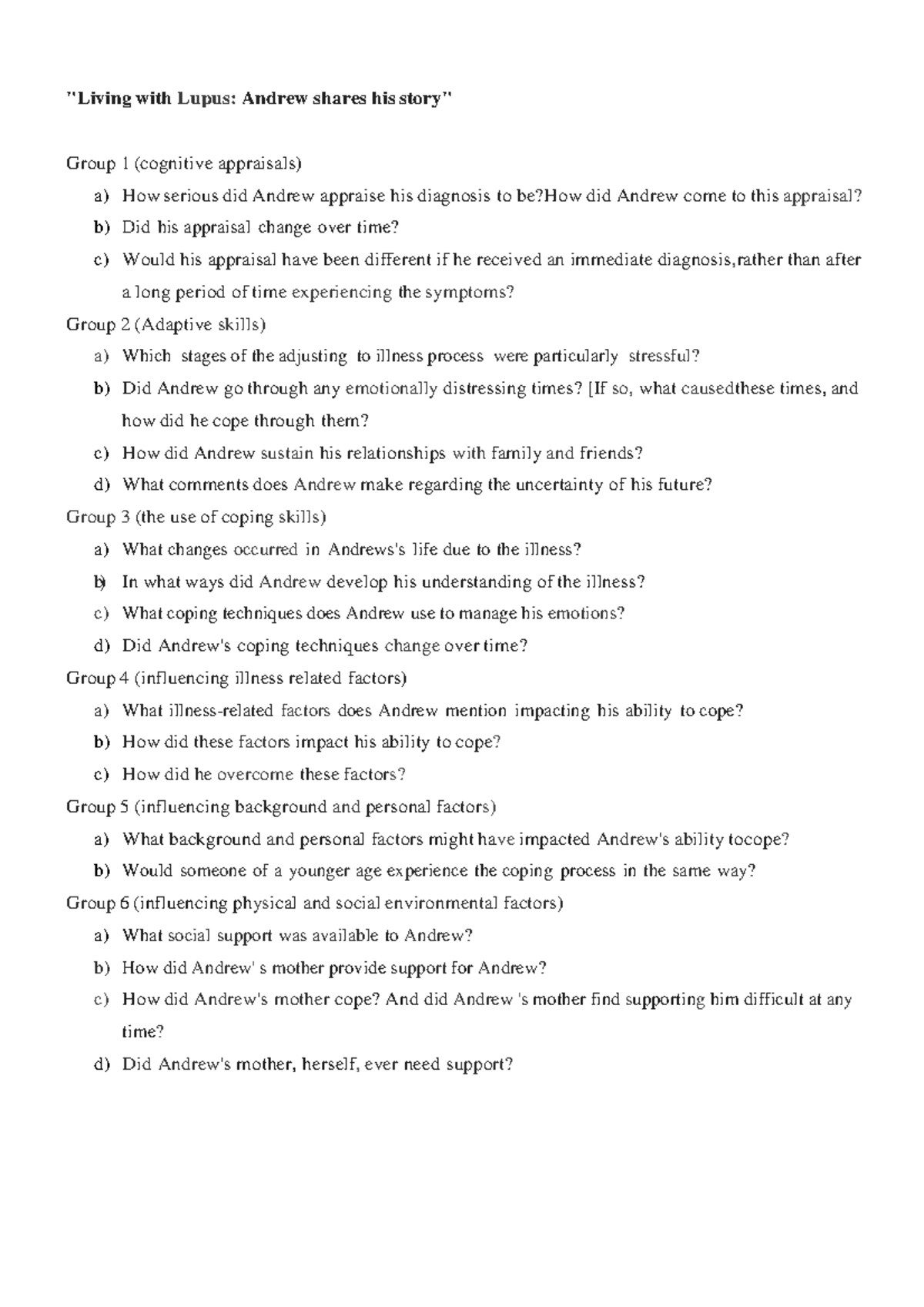 Chronic Illness Tutorial Handout - "Living with Lupus: Andrew shares ...