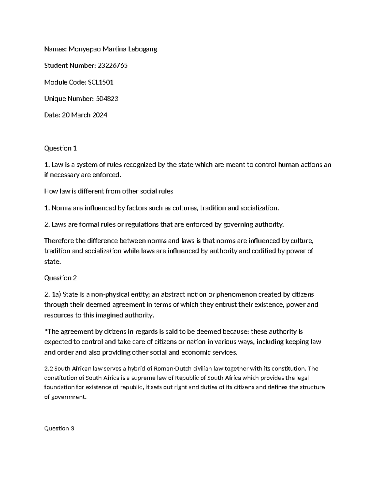 SCL1501 Assigment 1 - Names: Monyepao Martina Lebogang Student Number ...