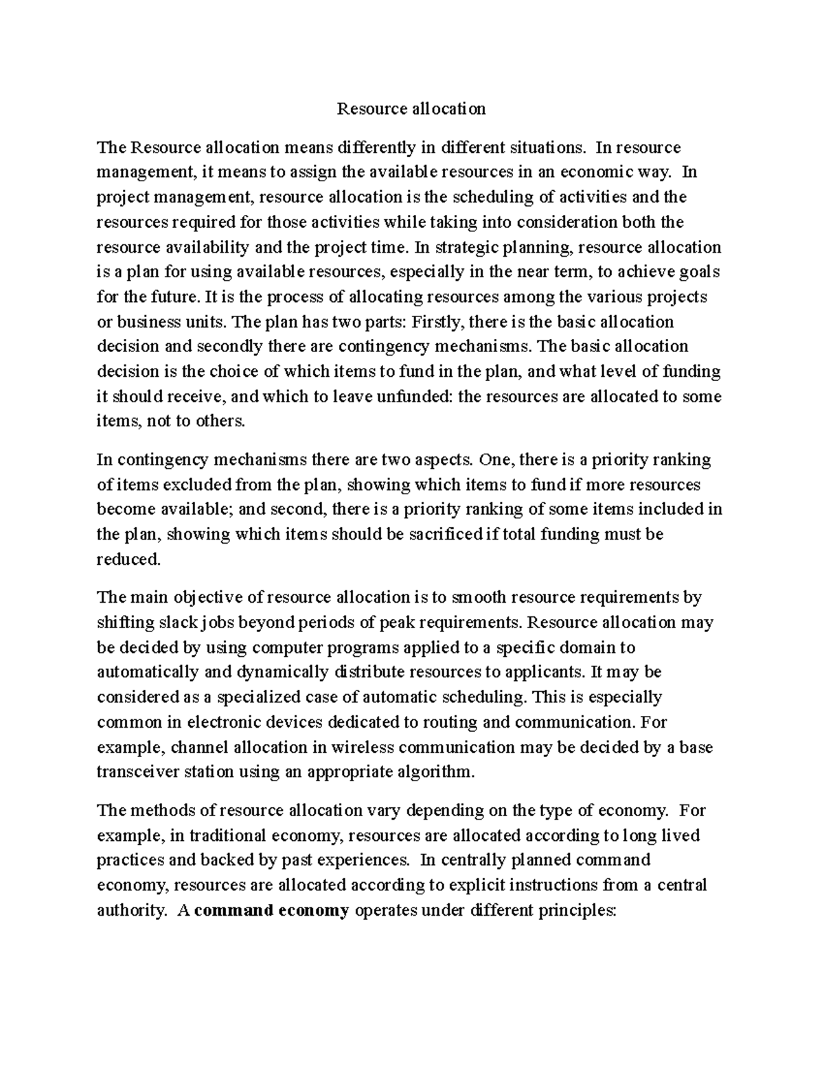 Resource allocation -notes - Resource allocation The Resource ...