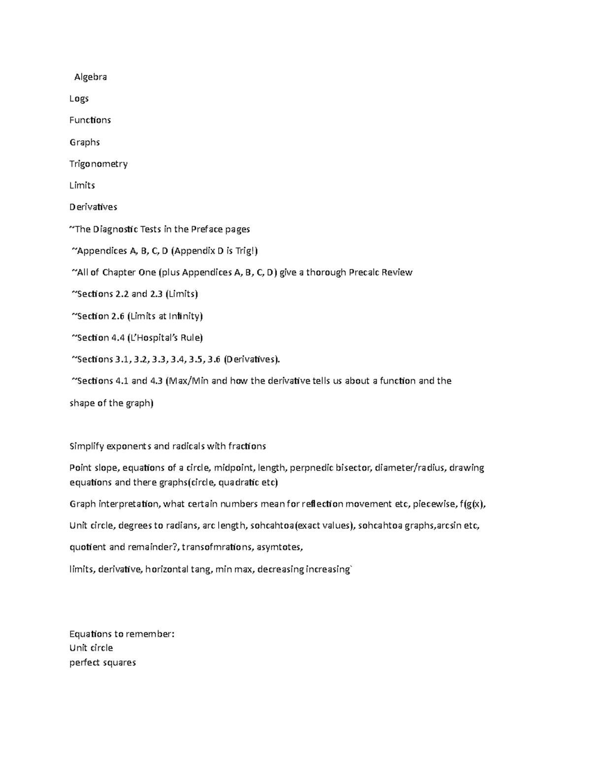 Readiness Test Review - Algebra Logs Functions Graphs Trigonometry ...