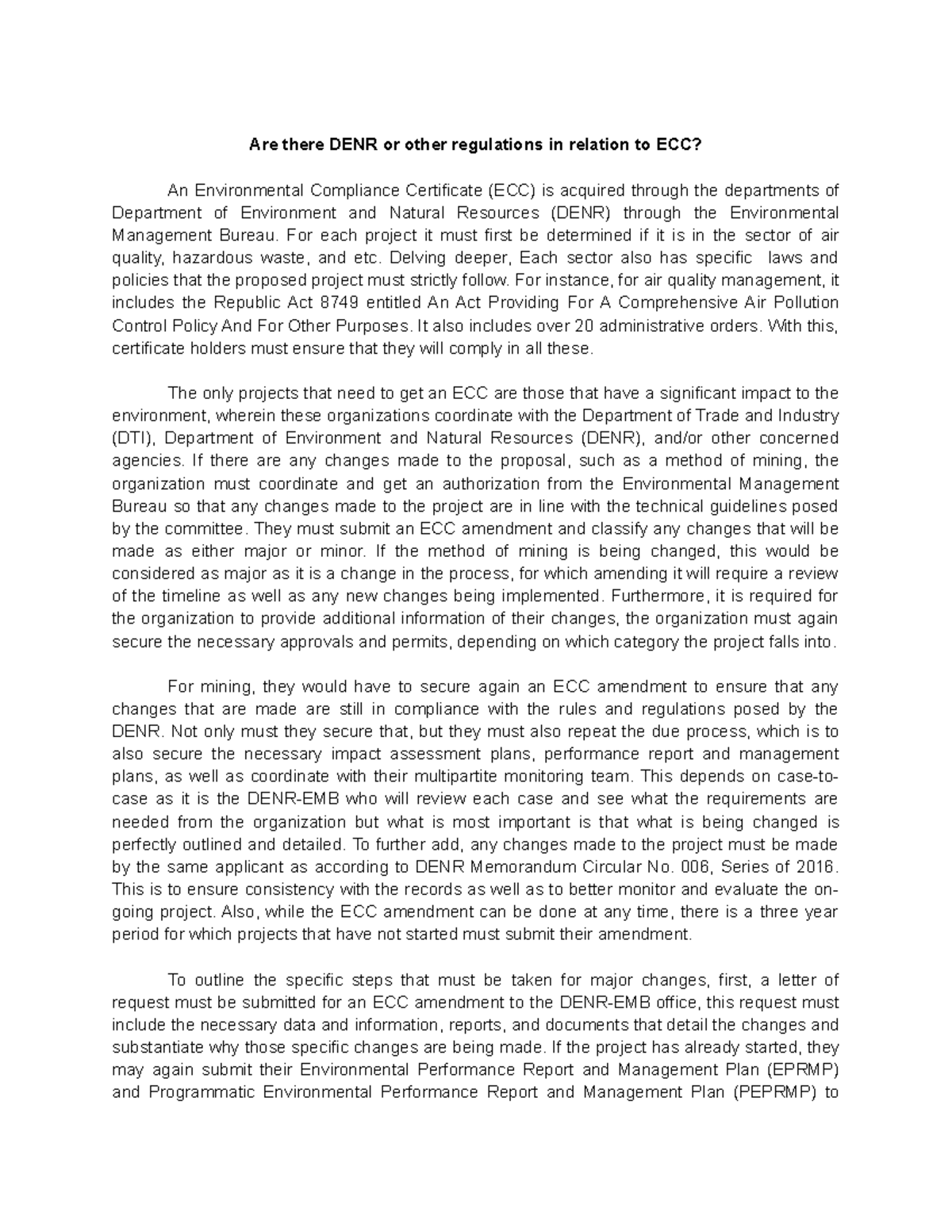 DENR Regulations to ECC - LRC - Are there DENR or other regulations in ...