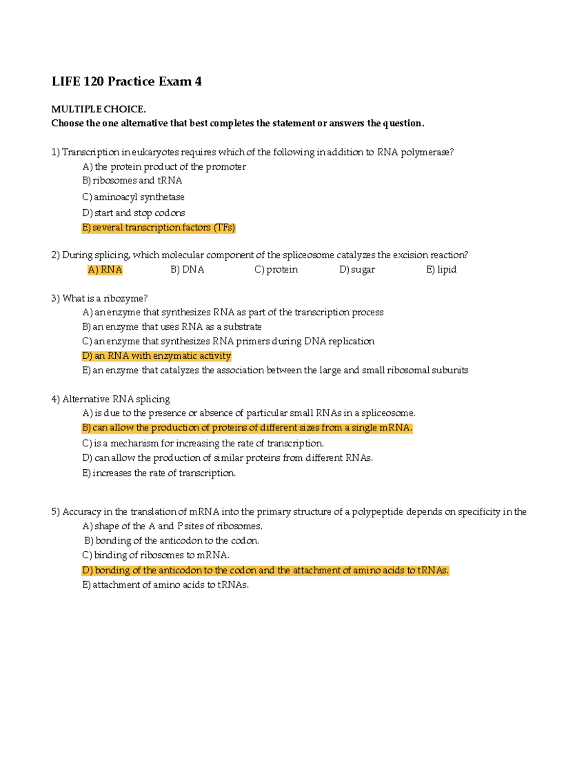 Life120 Practice Exam4 - LIFE 120 Practice Exam 4 MULTIPLE CHOICE ...