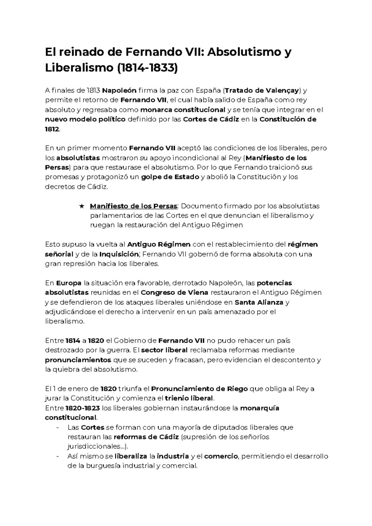 El reinado de Fernando VII Absolutismo y Liberalismo 1814 1833 - En un primer momento Fernando ...