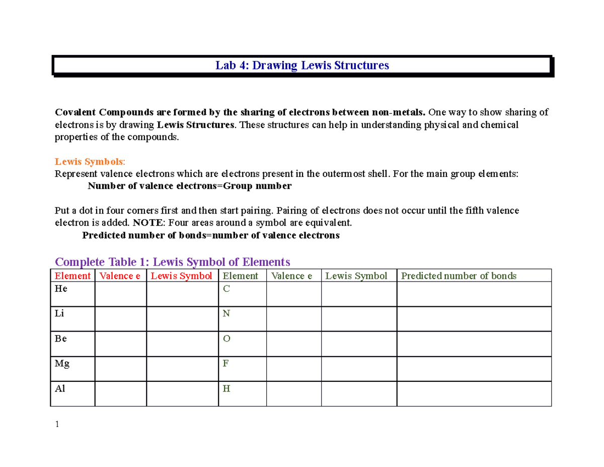 Chapter 4 Covalent Bonding lecture notes - Lab 4: Drawing Lewis ...