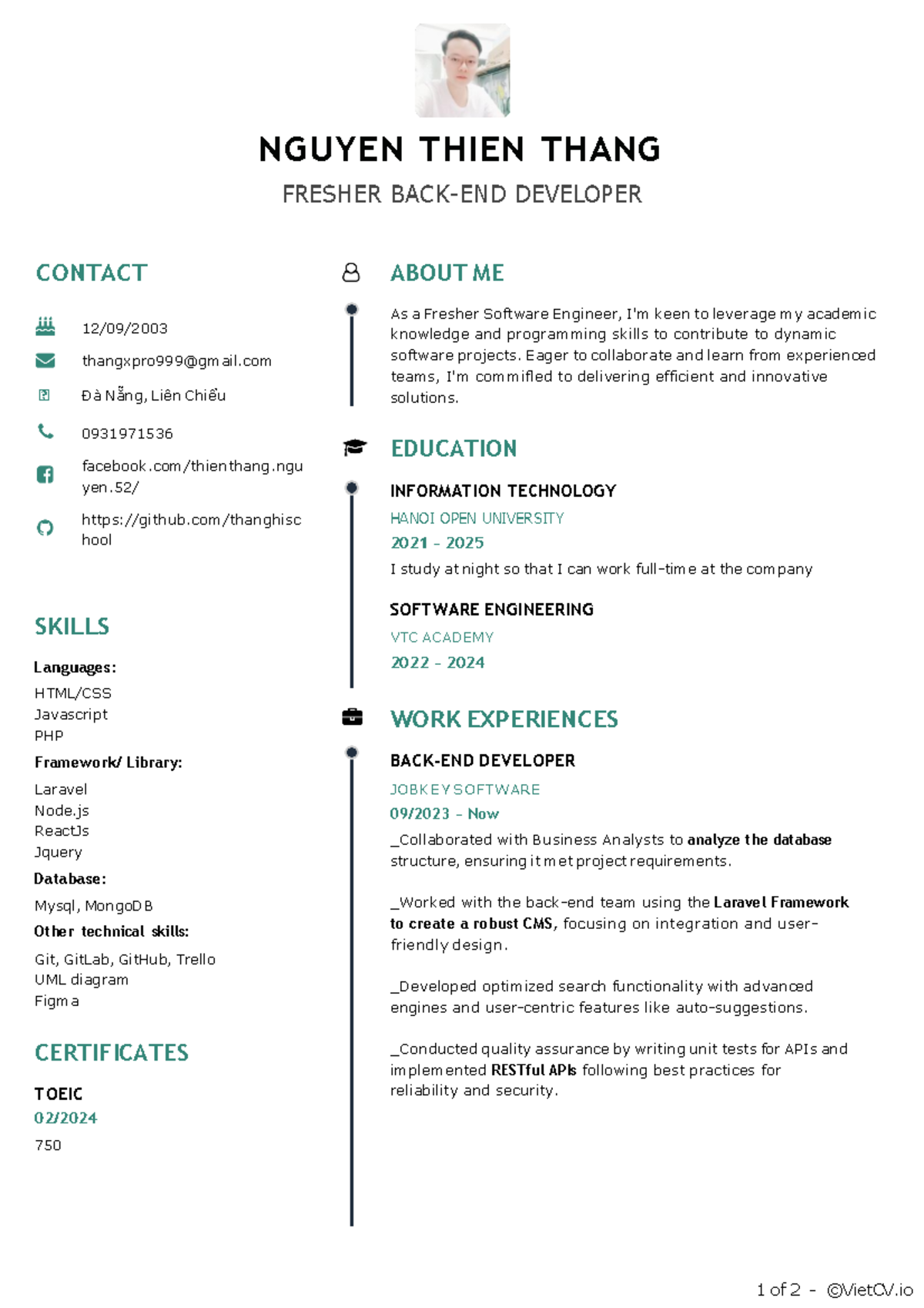 Nguyen Thien Thang Fresher BACK END - 1 of 2 - ©VietCV NGUYEN THIEN ...