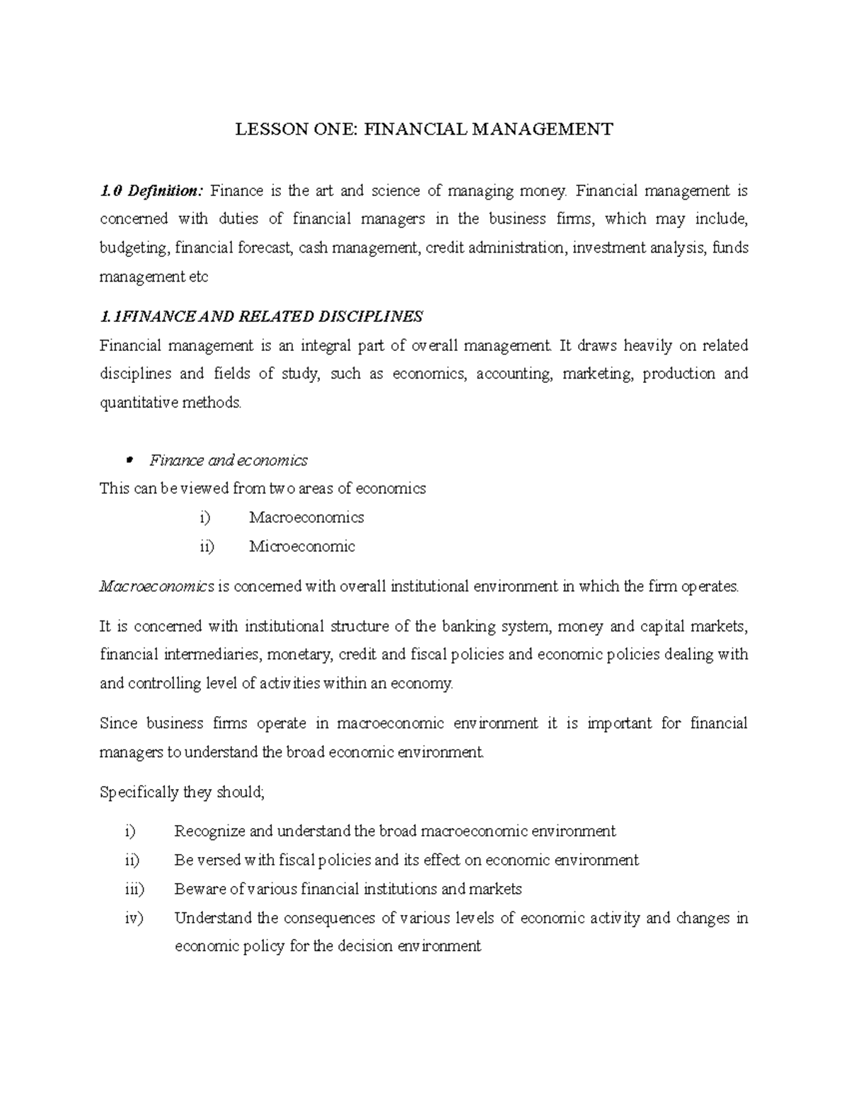 Lesson ONE mba808 - LESSON ONE: FINANCIAL MANAGEMENT 1 Definition ...