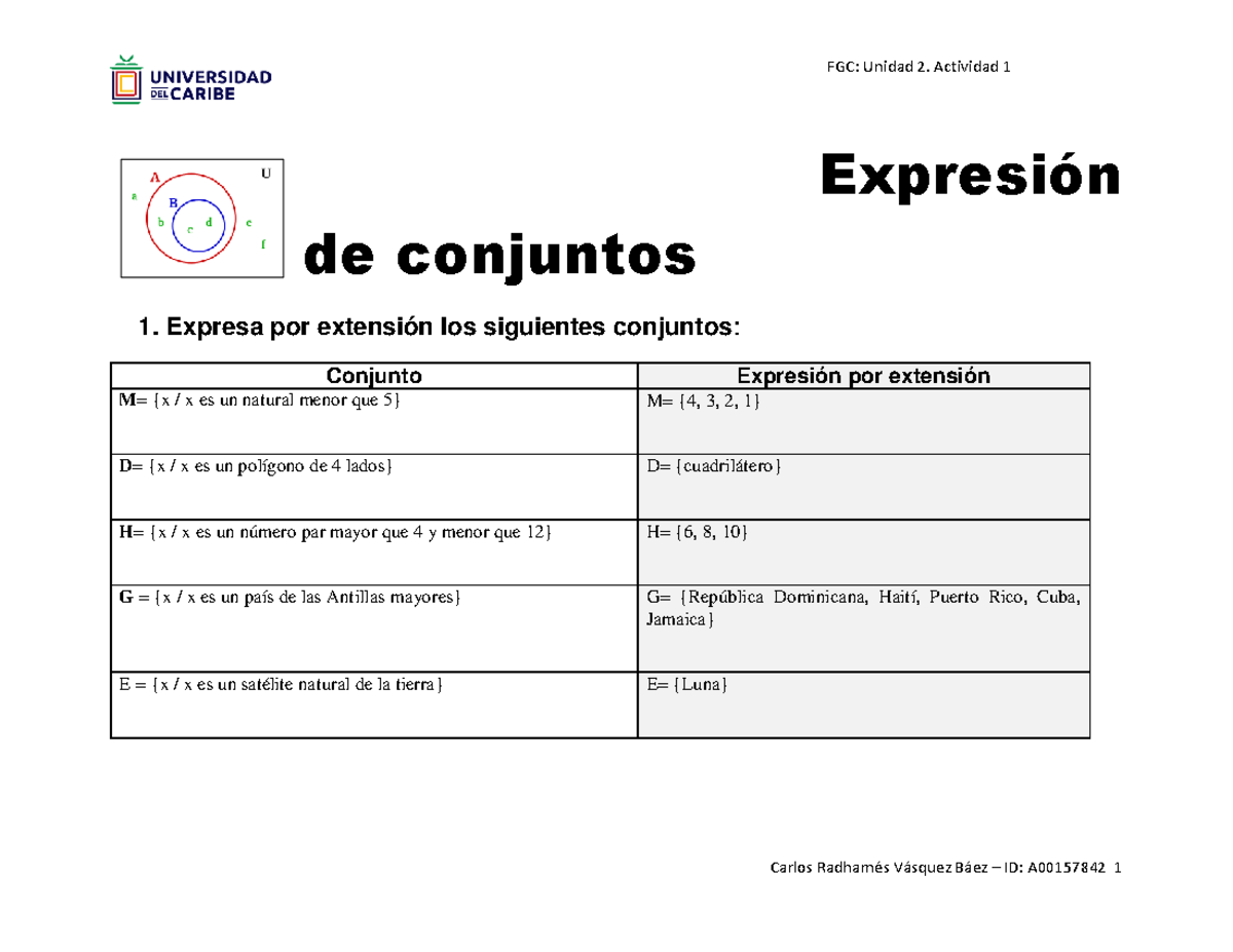 Unidad 2. Actividad 1. Expresiones de conjuntos - FGC: Unidad 2. Actividad 1 Carlos Radhamés ...