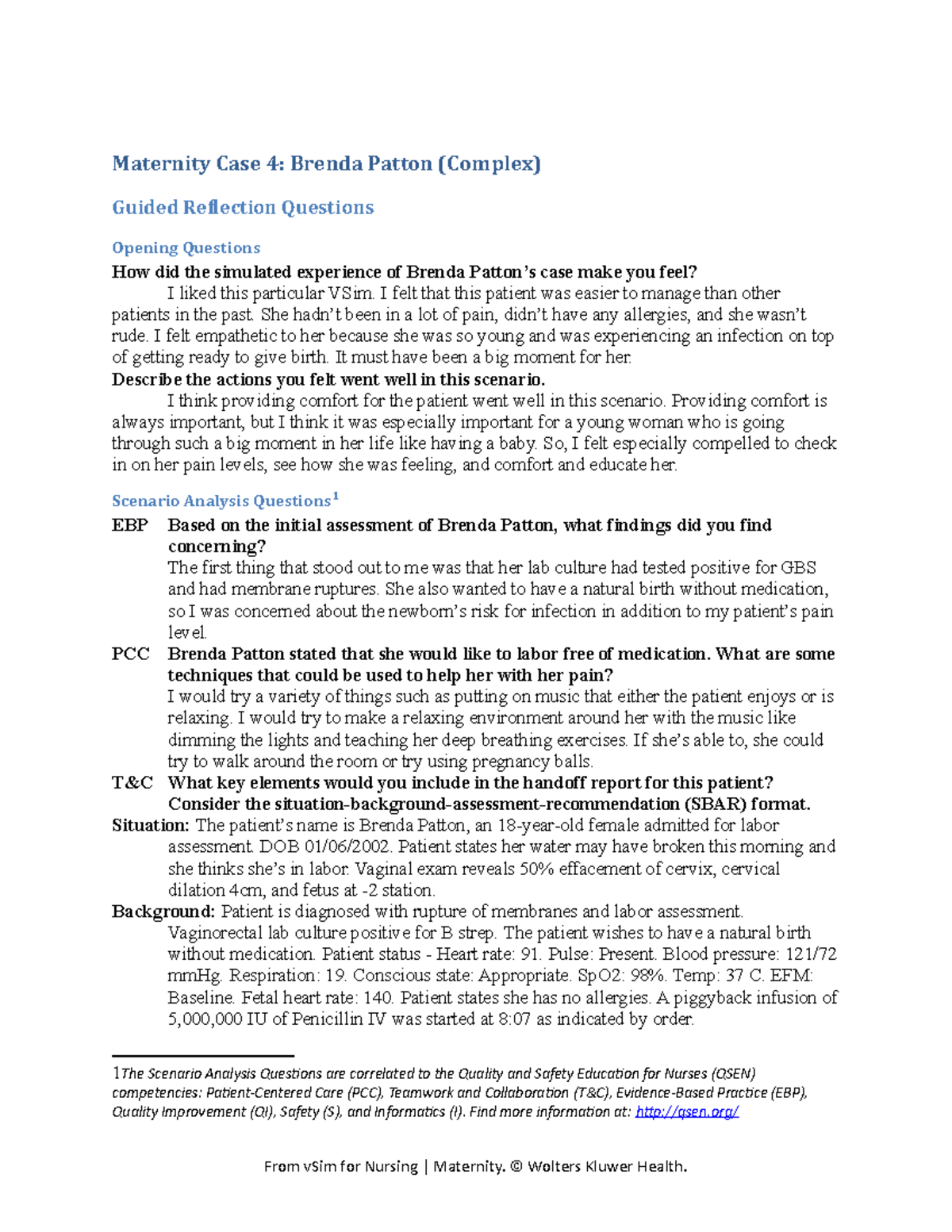 Brenda Patton Guided Reflection - Maternity Case 4: Brenda Patton ...