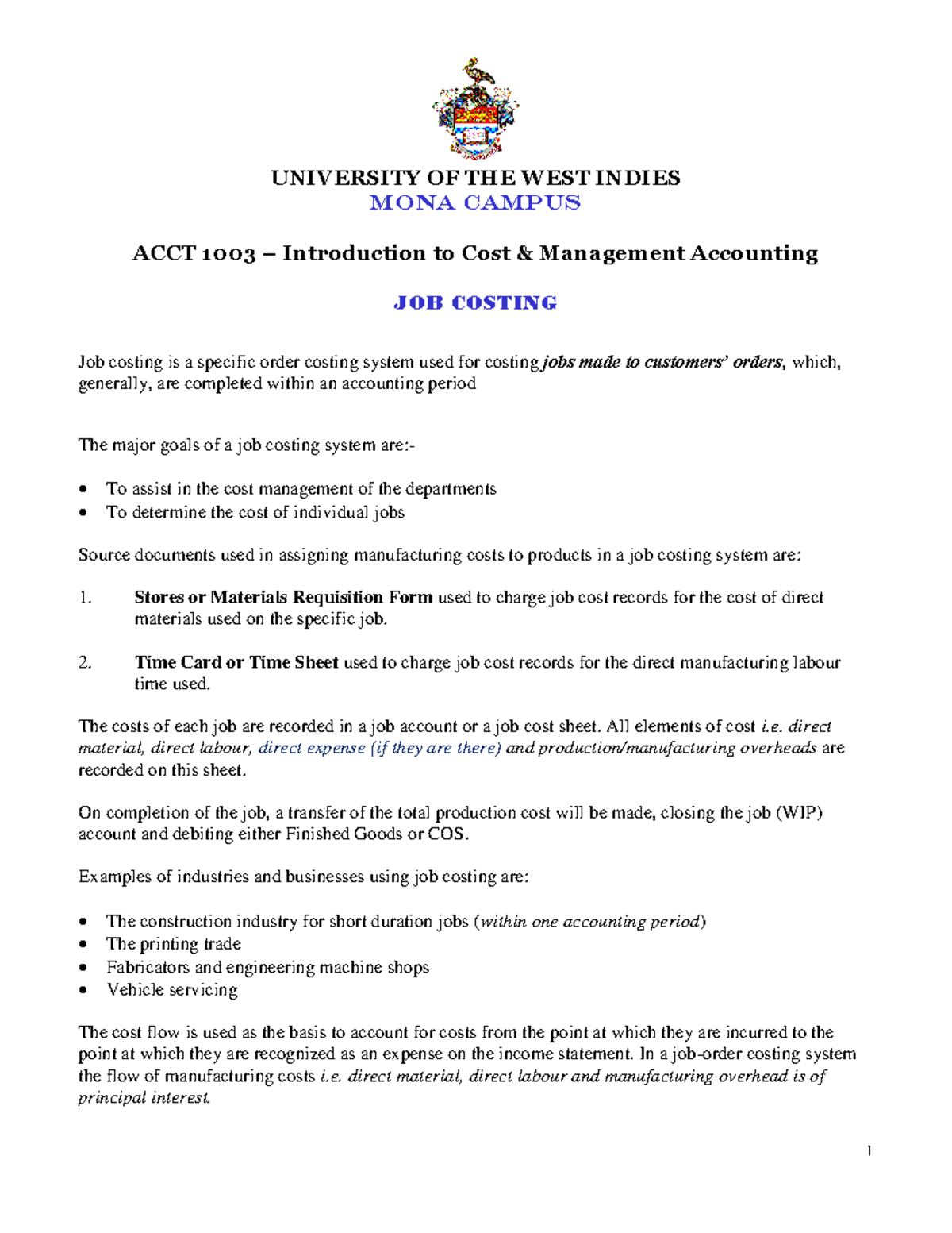 Summary Notes 5 Job Costing - UNIVERSITY OF THE WEST INDIES MONA Campus ...