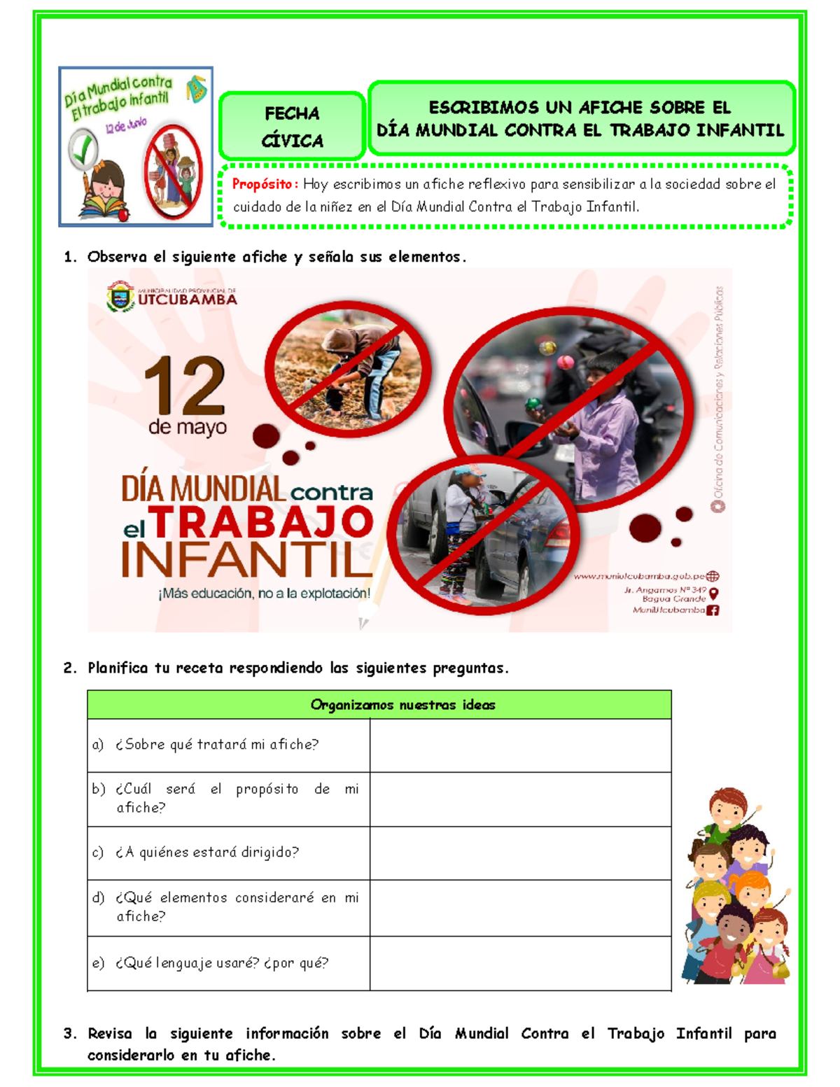 Ficha- Fecha Cívica-DÍA Mundial Contra EL Trabajo Infantil- 1. Observa ...