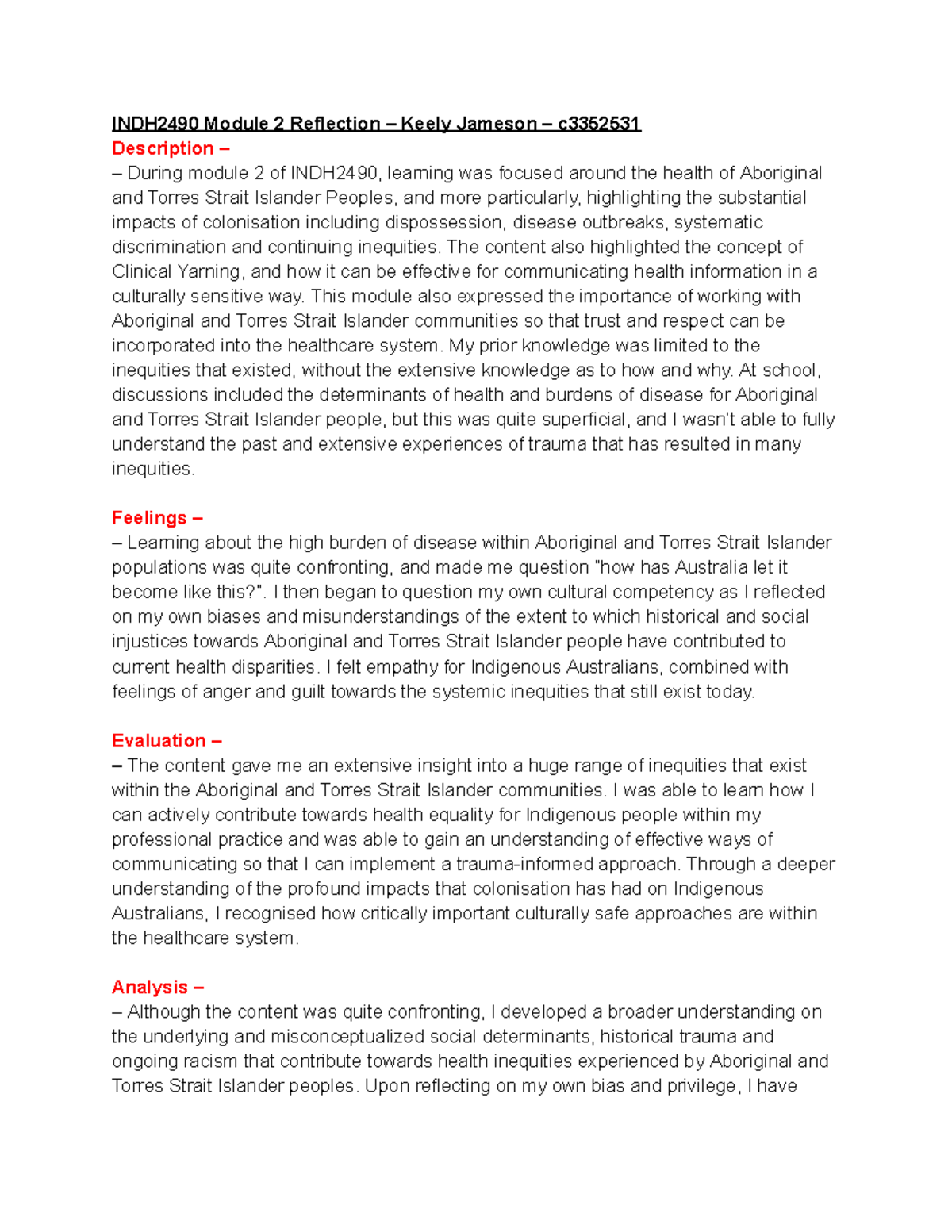 INDH module 2 reflection - INDH2490 Module 2 Reflection – Keely Jameson – c Description – During ...