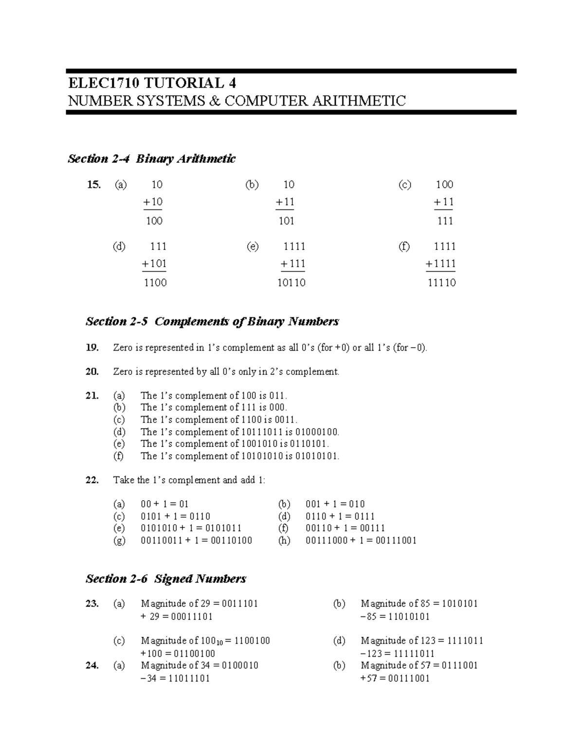 Tutorial 4 solutions - ELEC1710 TUTORIAL 4 NUMBER SYSTEMS & COMPUTER ARITHMETIC Section 2-4 ...