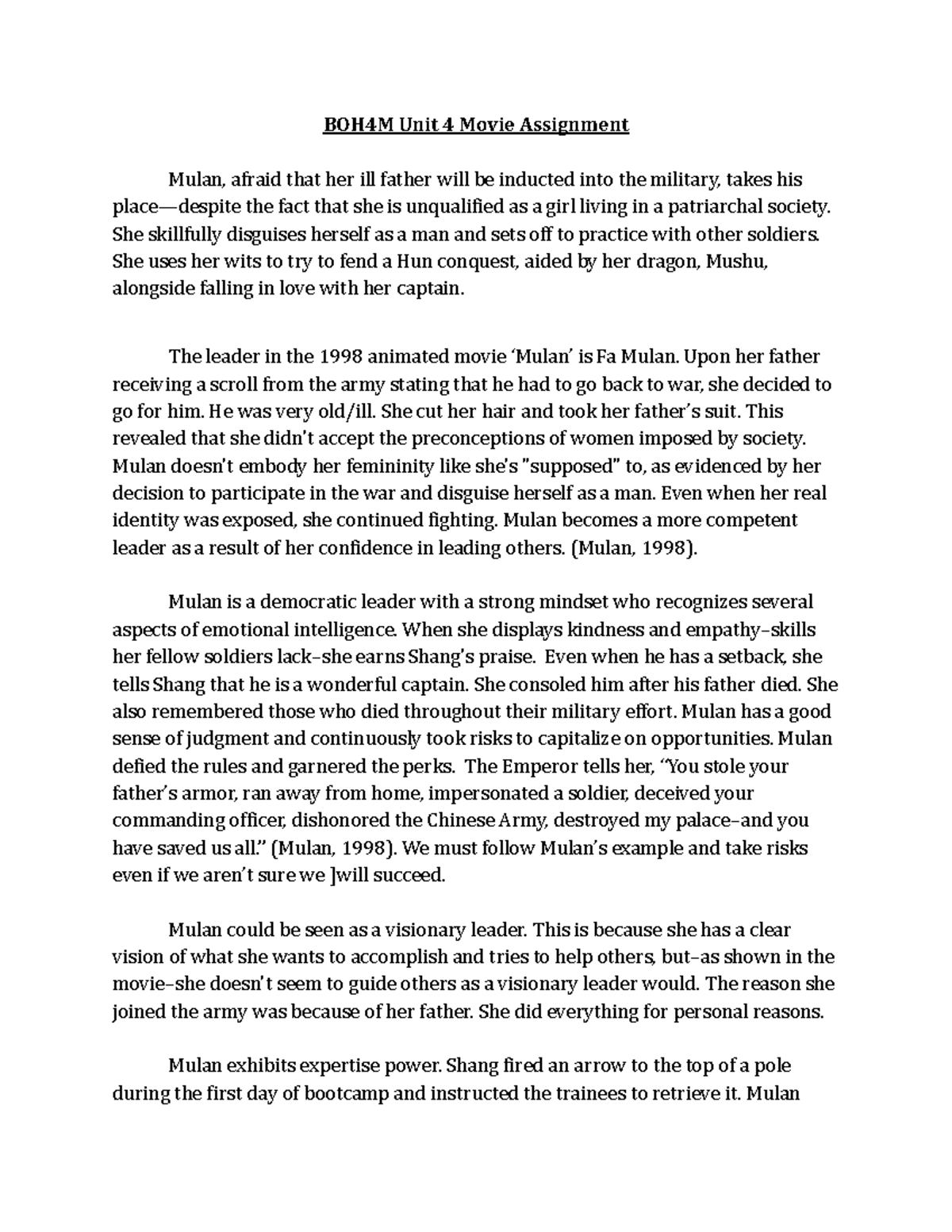 Movie Assignment - BOH4M Unit 4 Movie Assignment Mulan, afraid that her ...