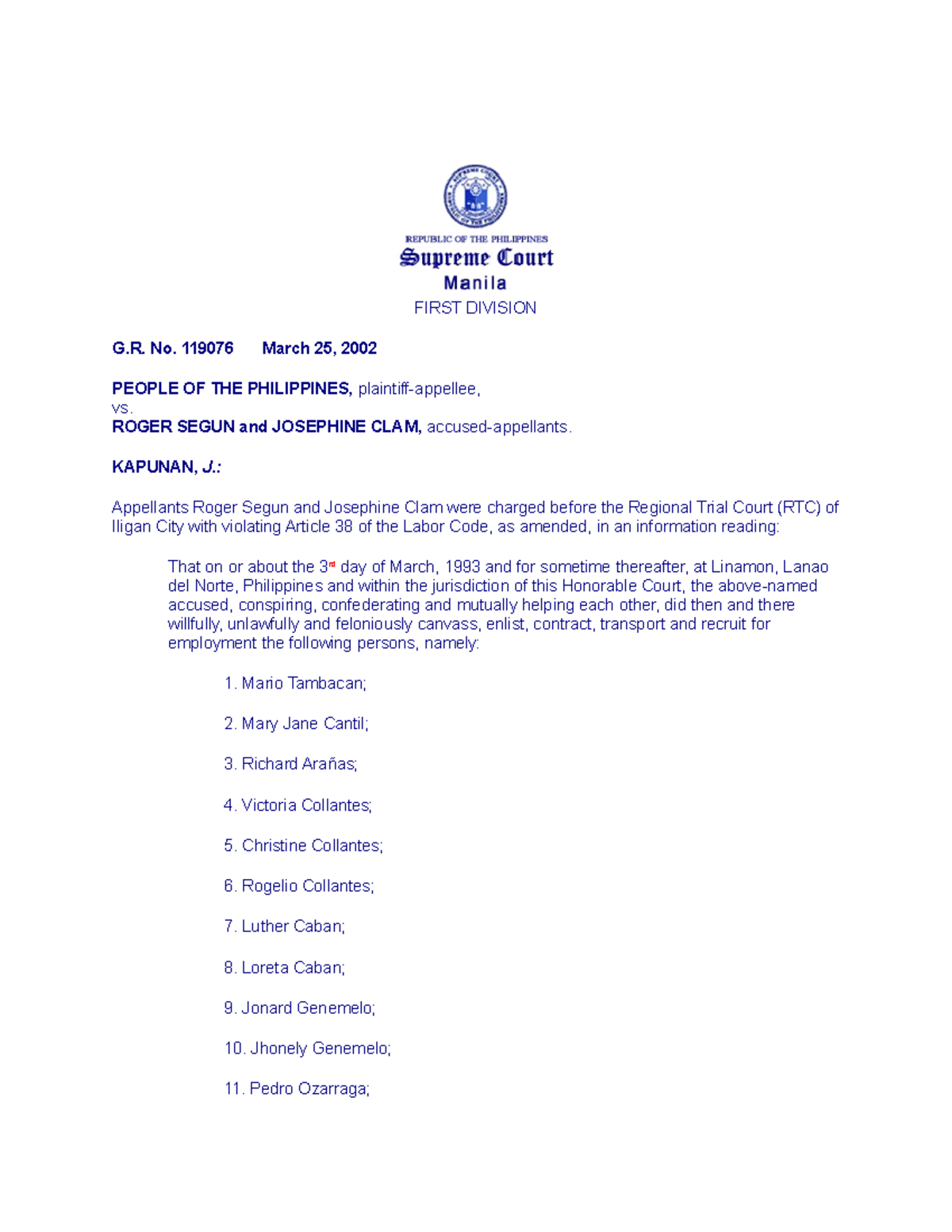 Case to be digested - Lecture Notes - FIRST DIVISION G. No. 119076 ...