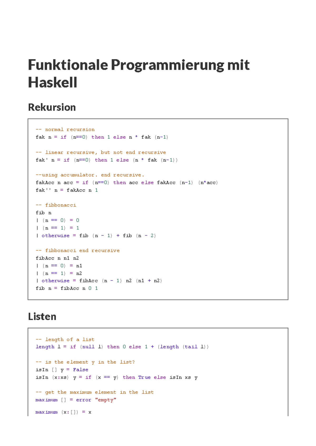 Haskellcheatsheet - Zusammenfassung Programmierparadigmen - Funktionale Programmierung mit ...