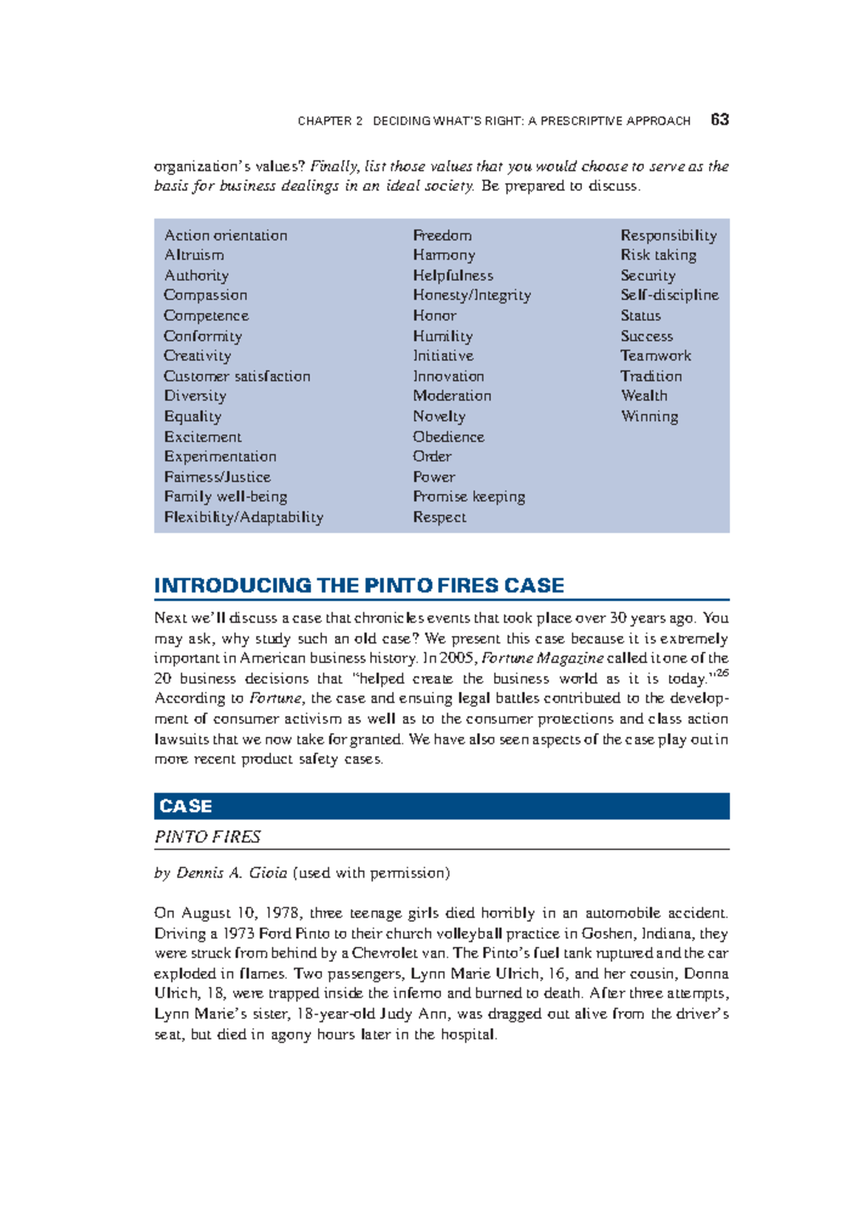 Pinto fires cases - organization’s values? Finally, list those values ...