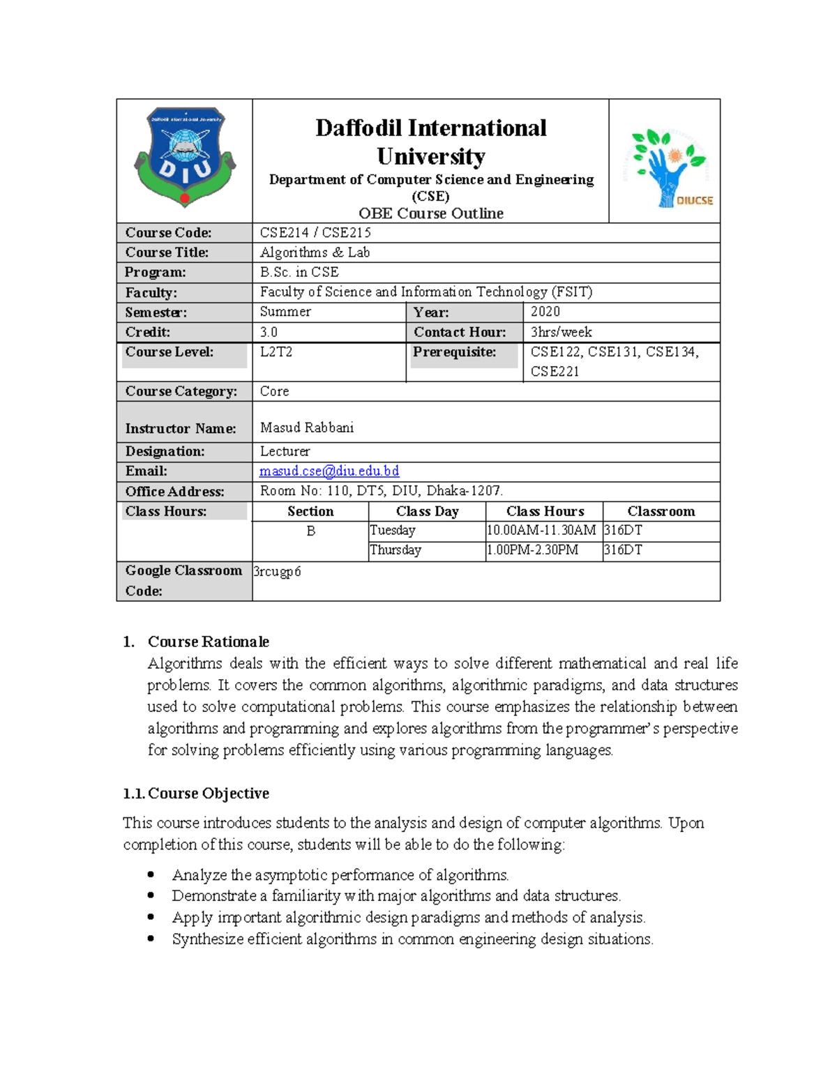 CSE214 (Algorithms Theory) OBE Outline Summer 2020 - Daffodil International University ...