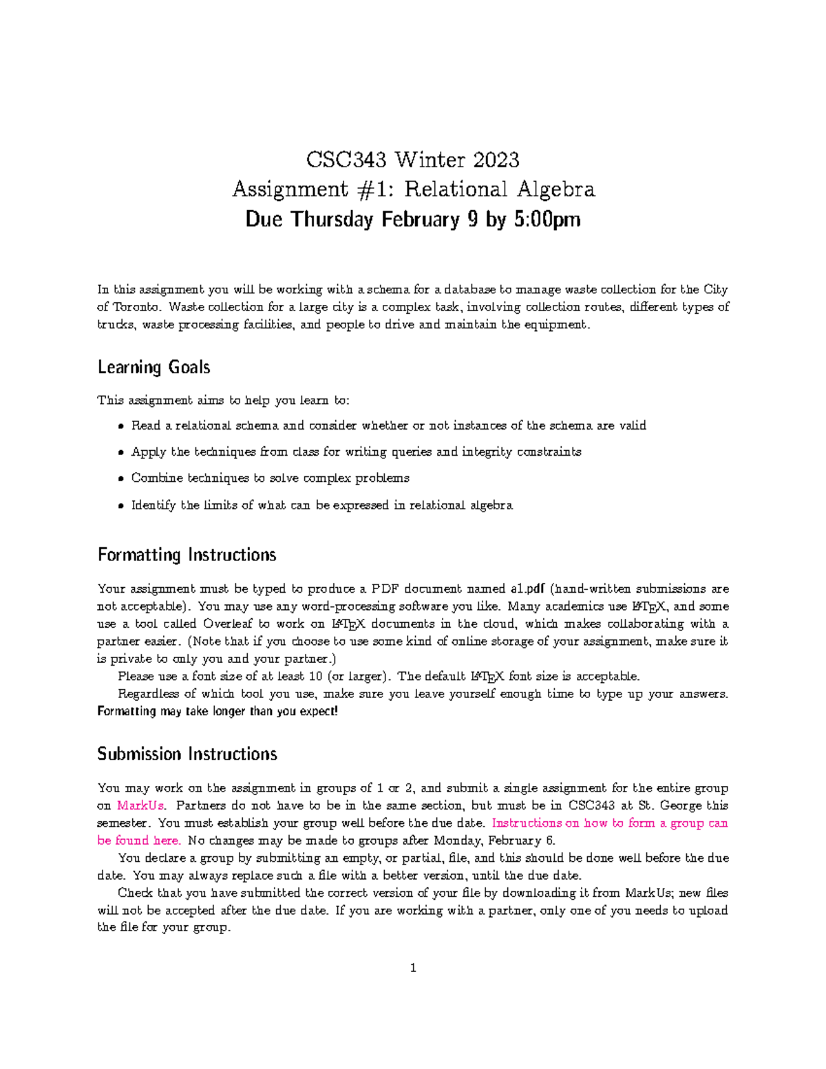 A1 - First assignment - CSC343 Winter 2023 Assignment #1: Relational ...
