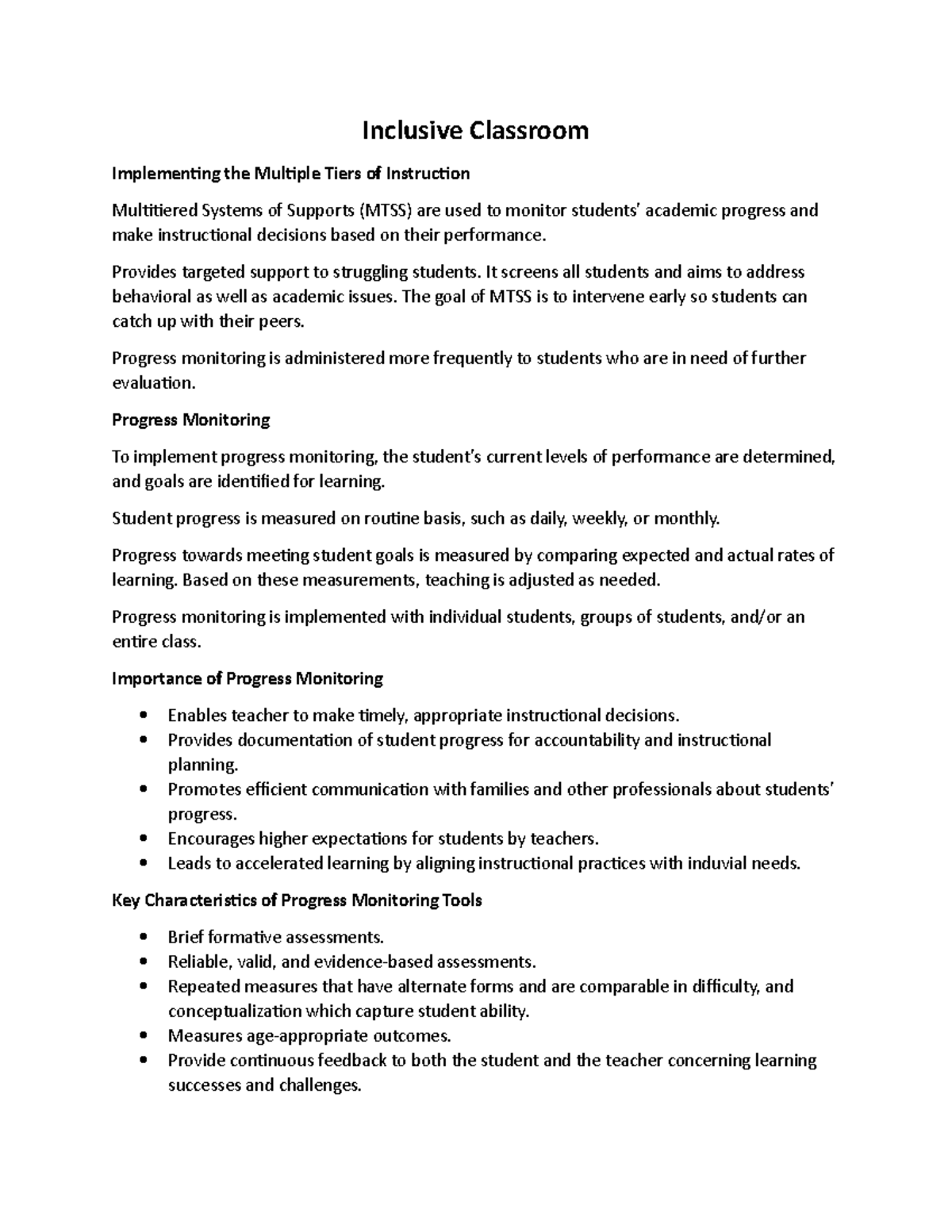 Inclusive Classroom Notes - Inclusive Classroom Implementing the ...