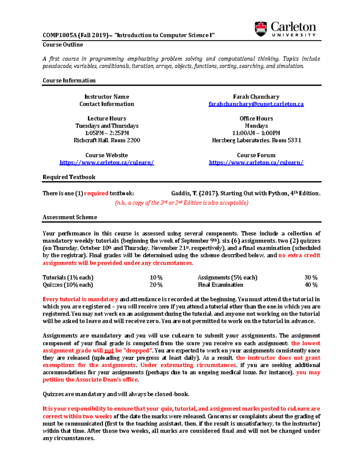 COMP1005A - Course Outline (Fall 2019 ) v2 - COMP1005A (Fall 2019) to ...