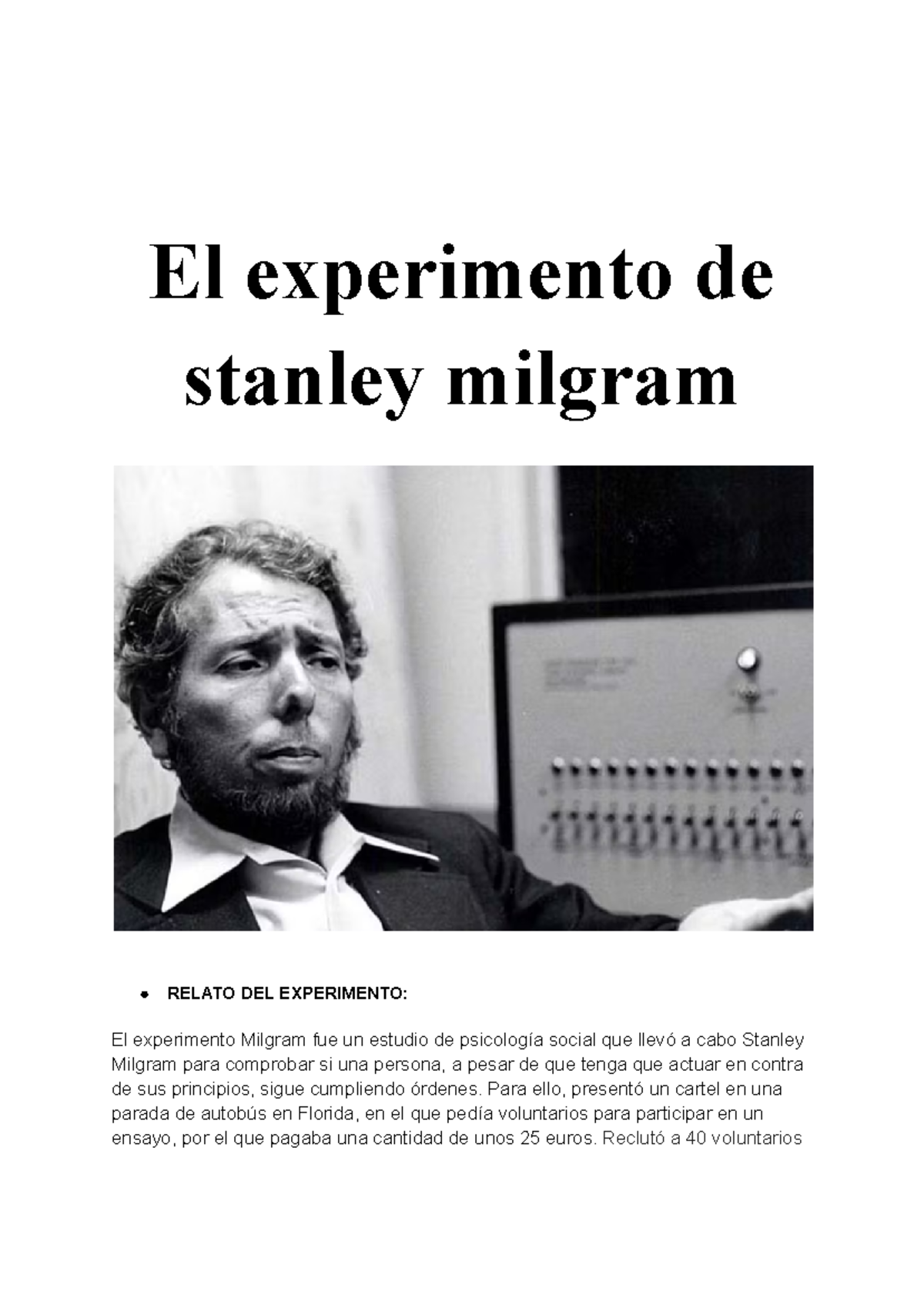 El experimeto de stanley milgram - El experimento de stanley milgram ...