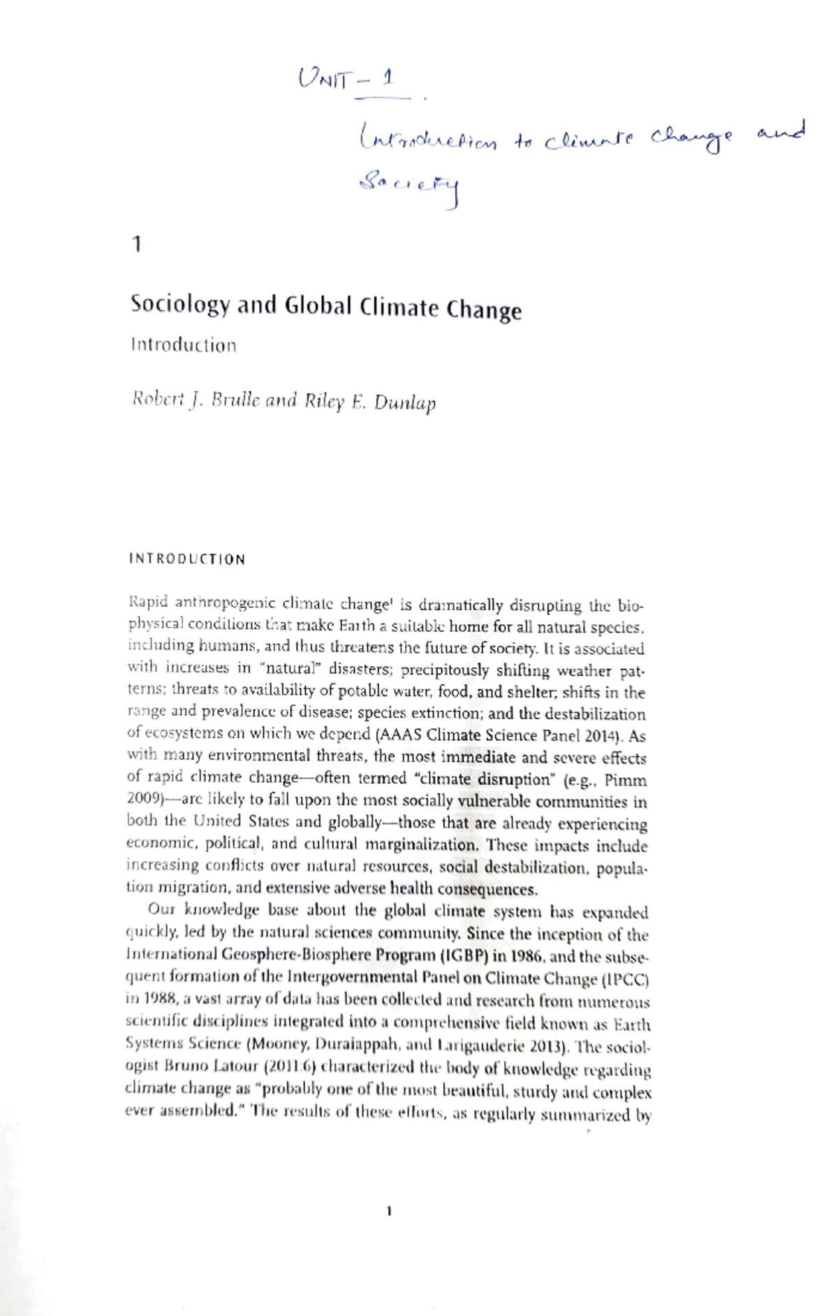 Unit 1 - Sociology and Global Climate Change - 1 Introduction ...